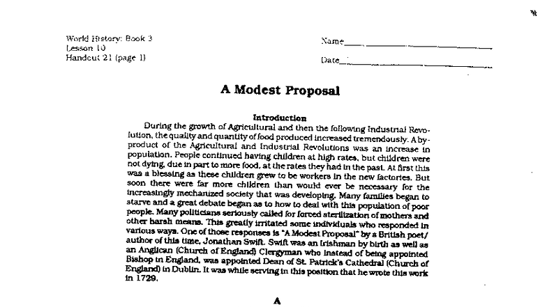 World History: Book 3 Lesson 10 - A Modest Proposal Analysis - Studocu