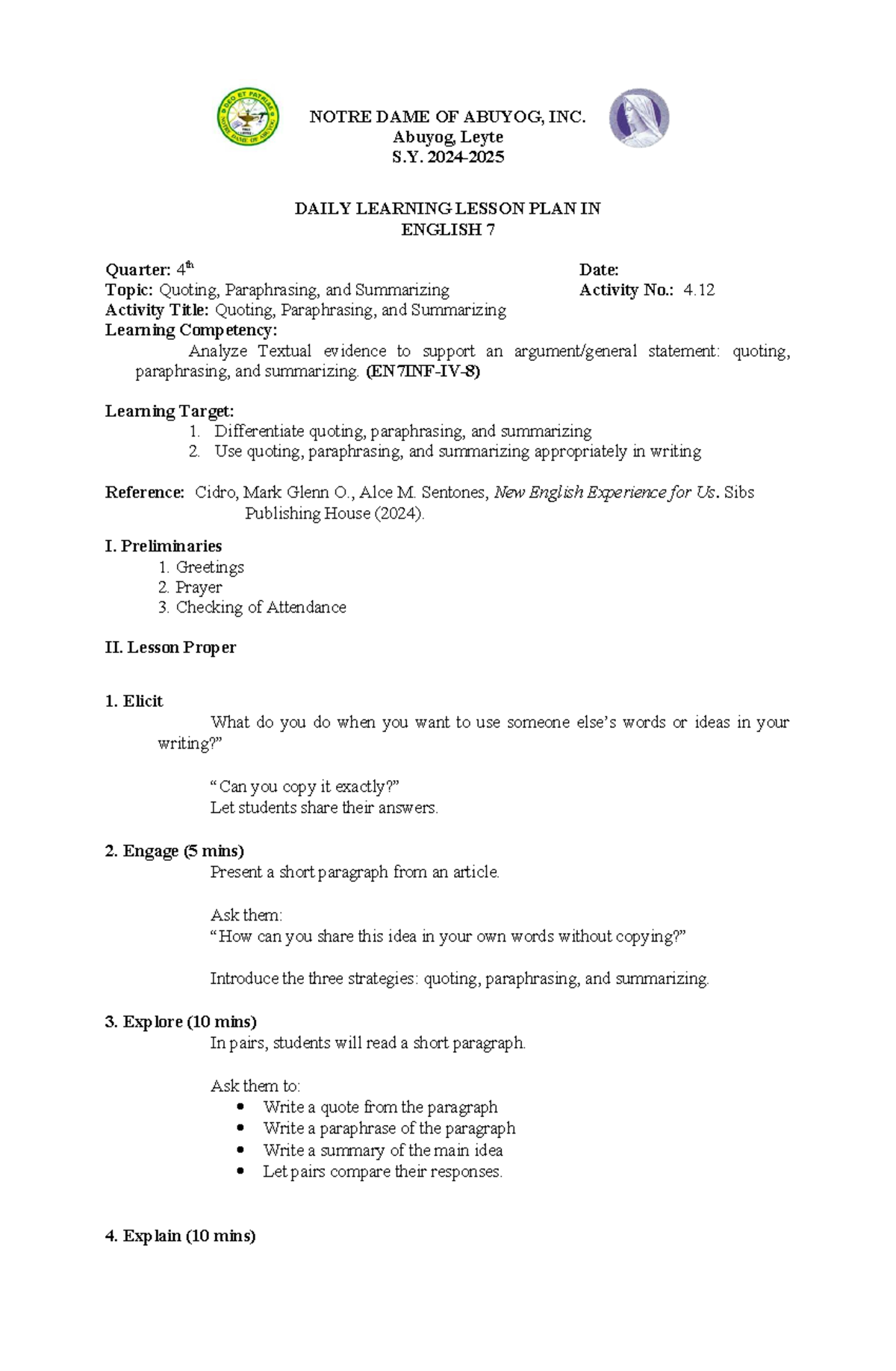 ENGLISH 7 Daily Lesson Plan: Quoting, Paraphrasing, Summarizing (4th ...