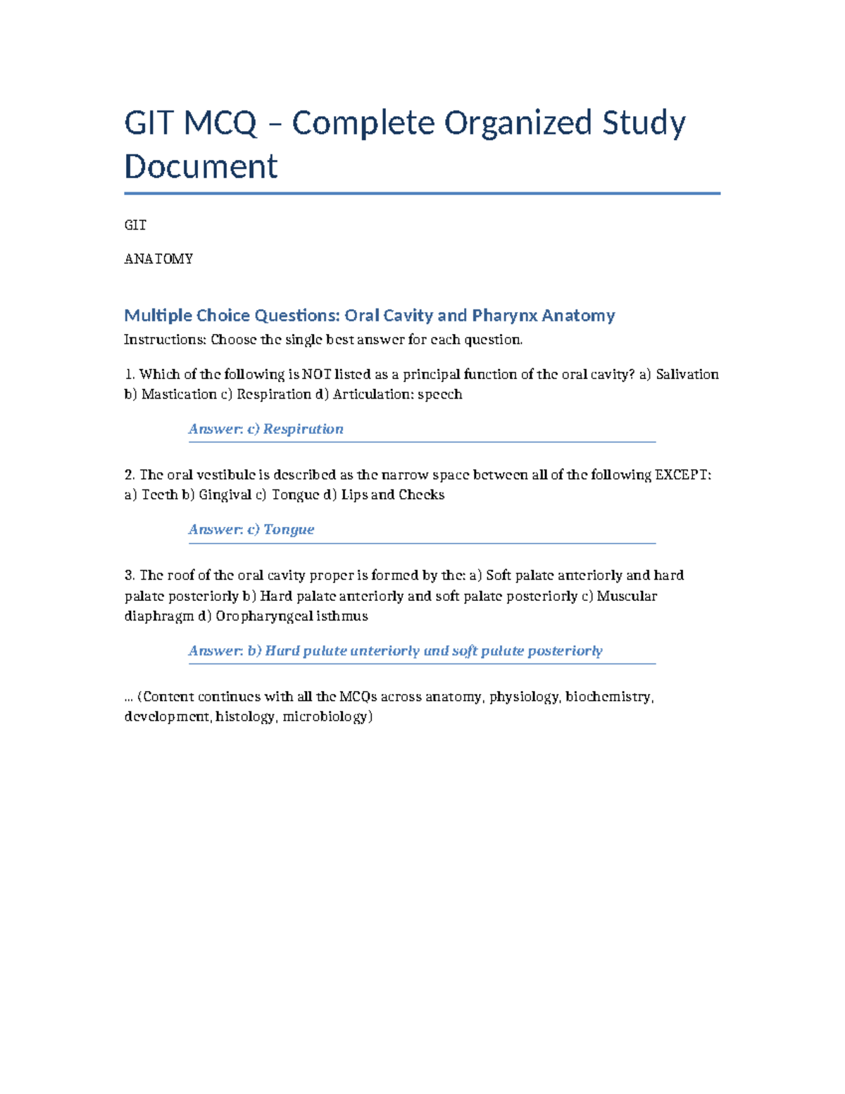 GIT ANATOMY MCQs: Comprehensive Study on Oral Cavity & Pharynx - Studocu