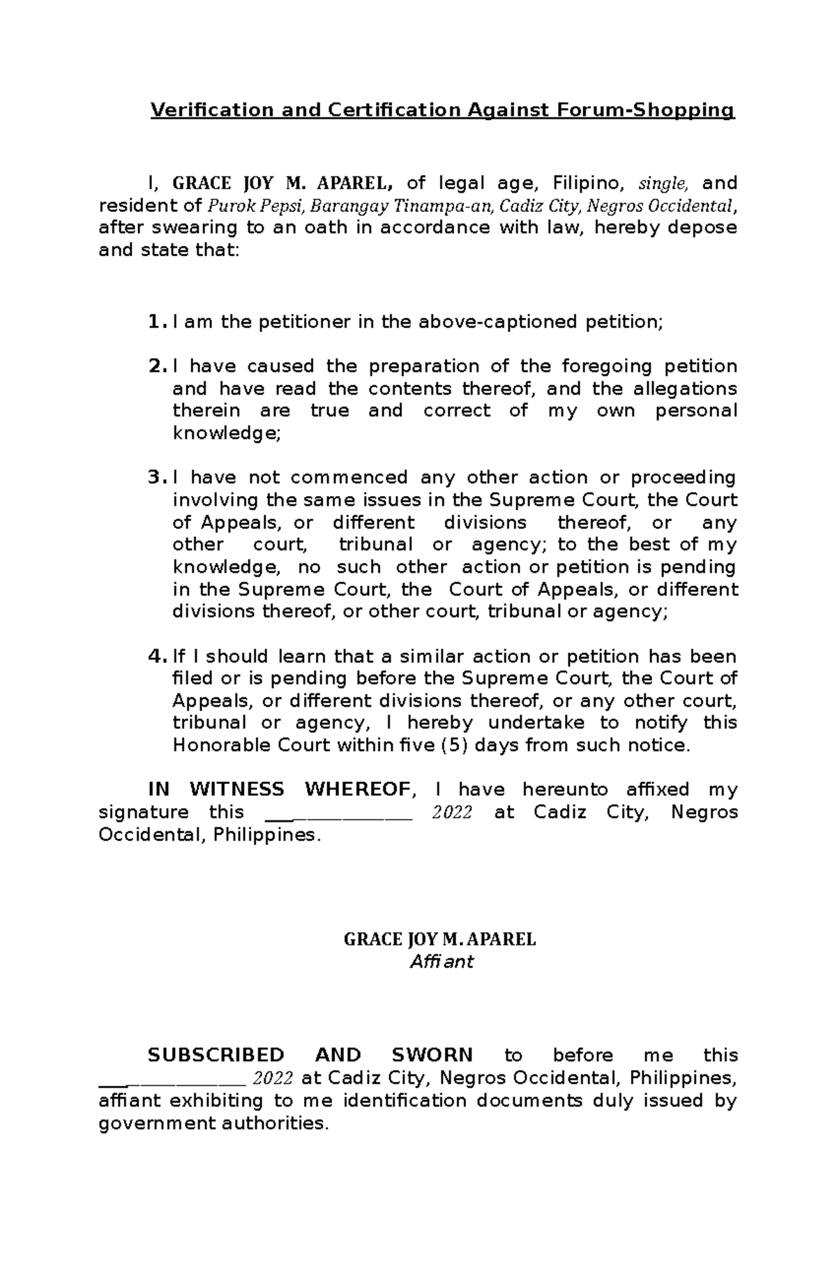 Verification and Certification Against Forum-Shopping Document - Studocu