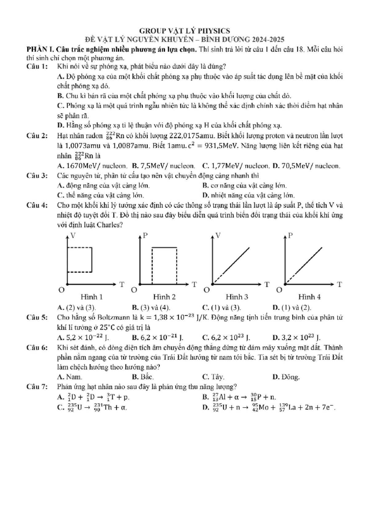 GROUP VÂT LÝ PHYSICS DE VAT LÝ NGUYÉN BÌNH DUONG PHAN I - Entrance Test ...