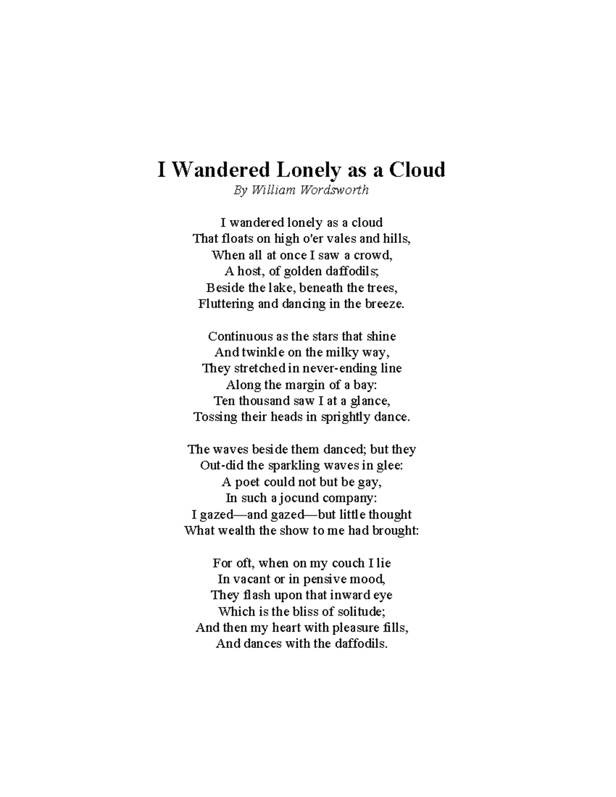 I Wandered Lonely as a Cloud: Analysis of Wordsworth's Poem - Studocu