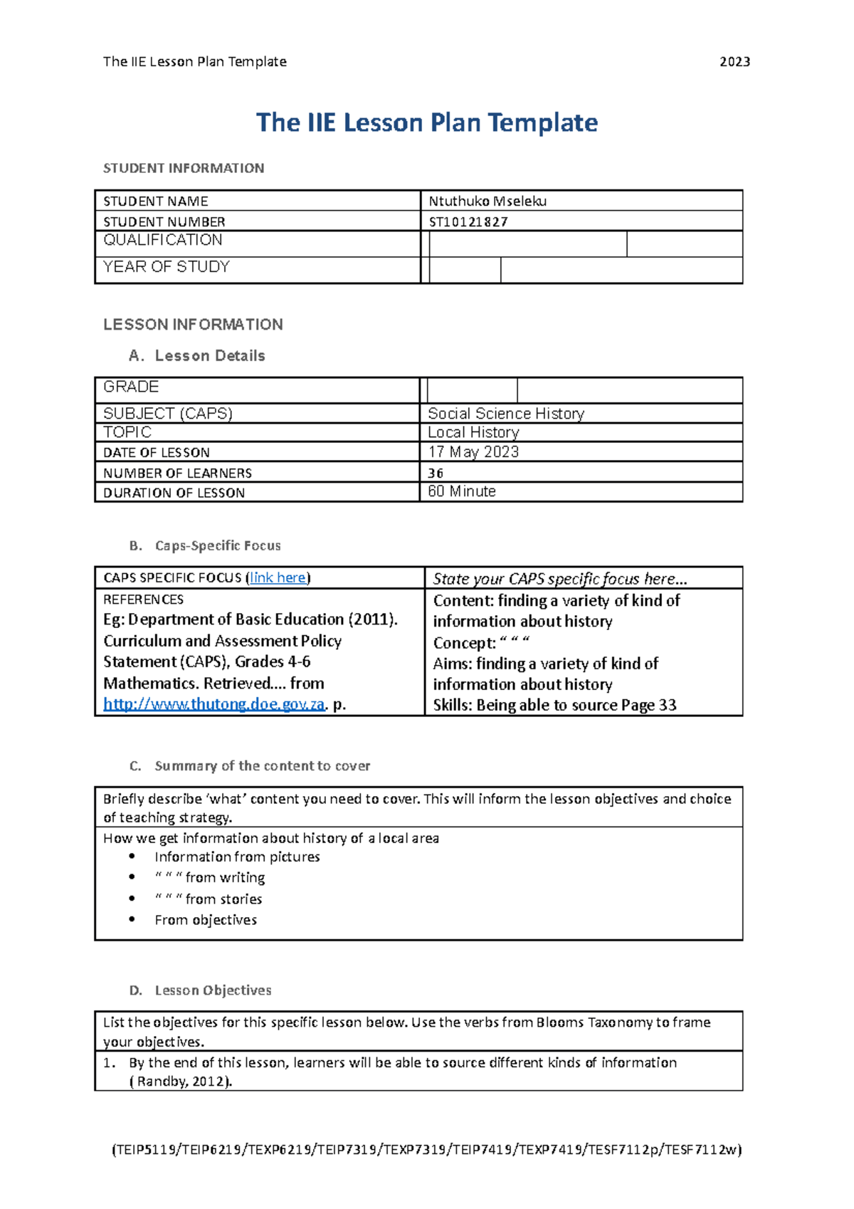 IIE Lesson Plan Template for Local History - Social Science (CAPS ...
