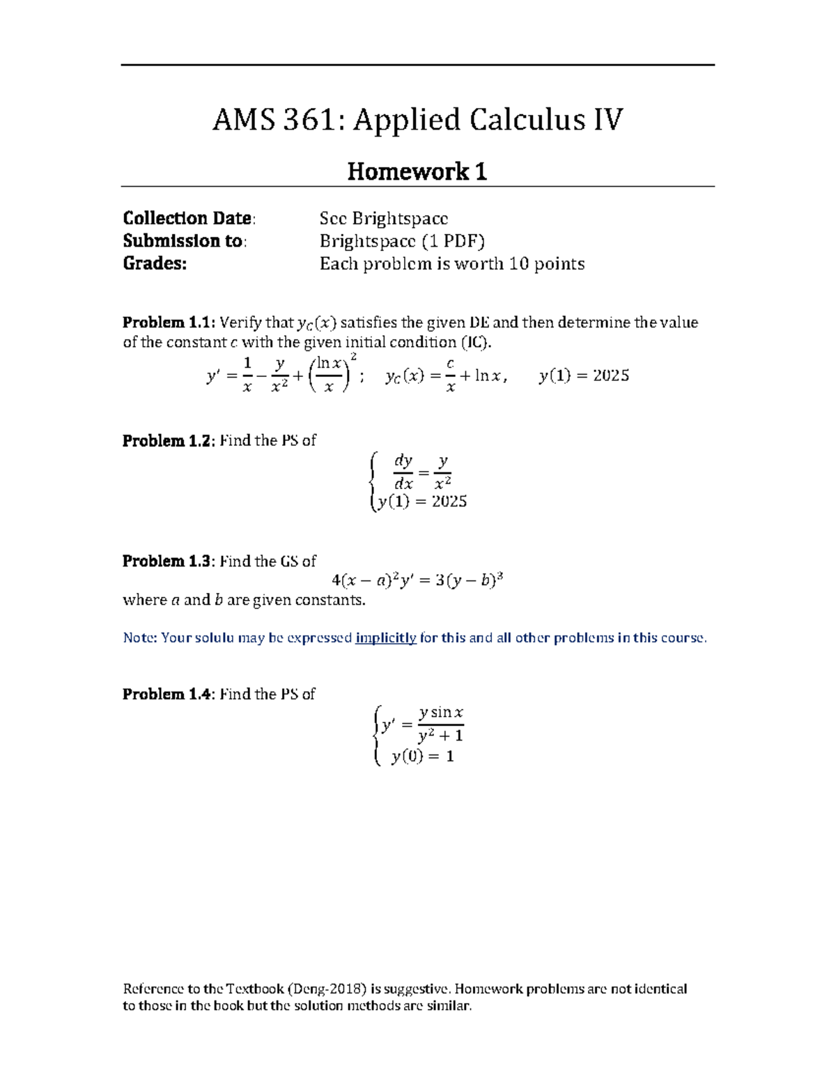 AMS 361: Applied Calculus IV Homework 1 Solutions f2025 - Studocu