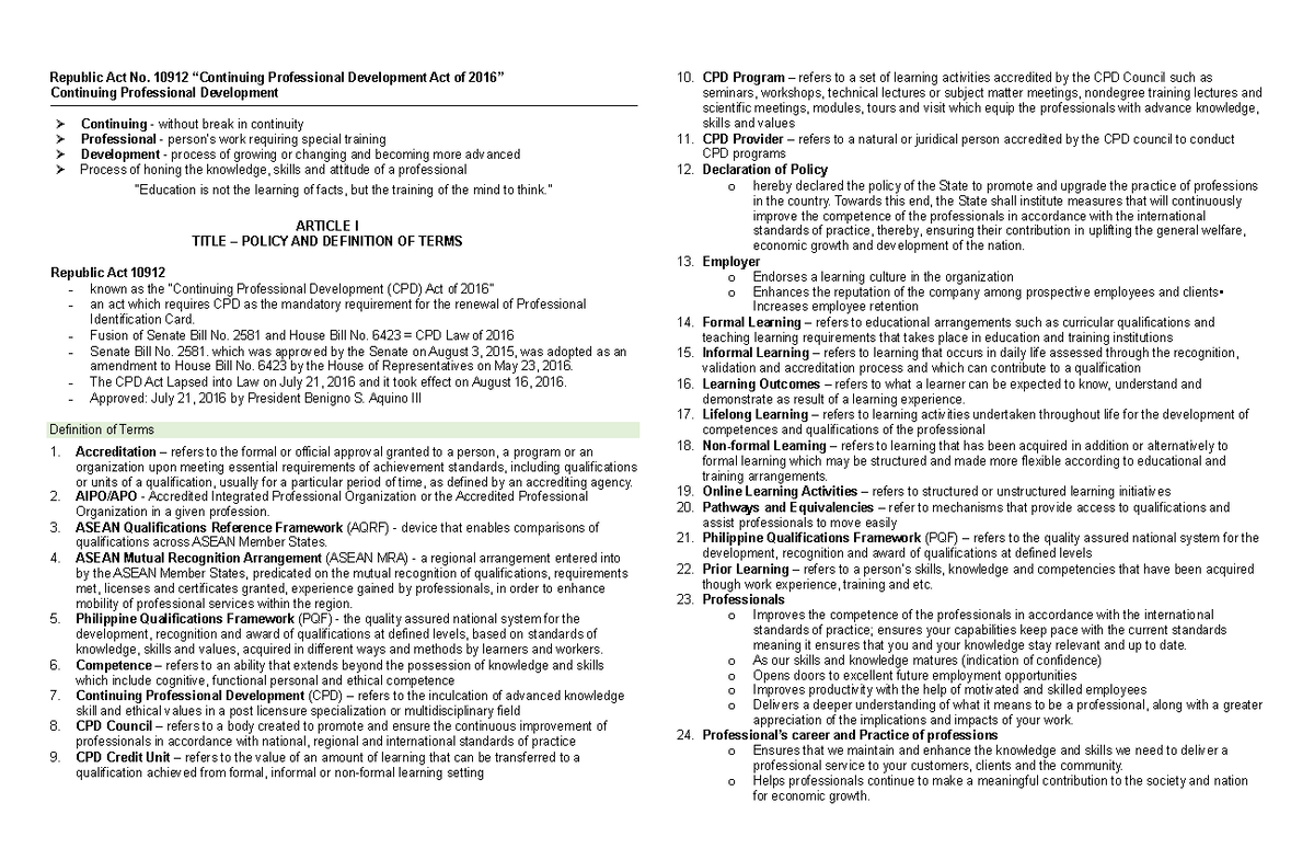 CPD Law RA 10912 - Overview of the Continuing Professional Development ...