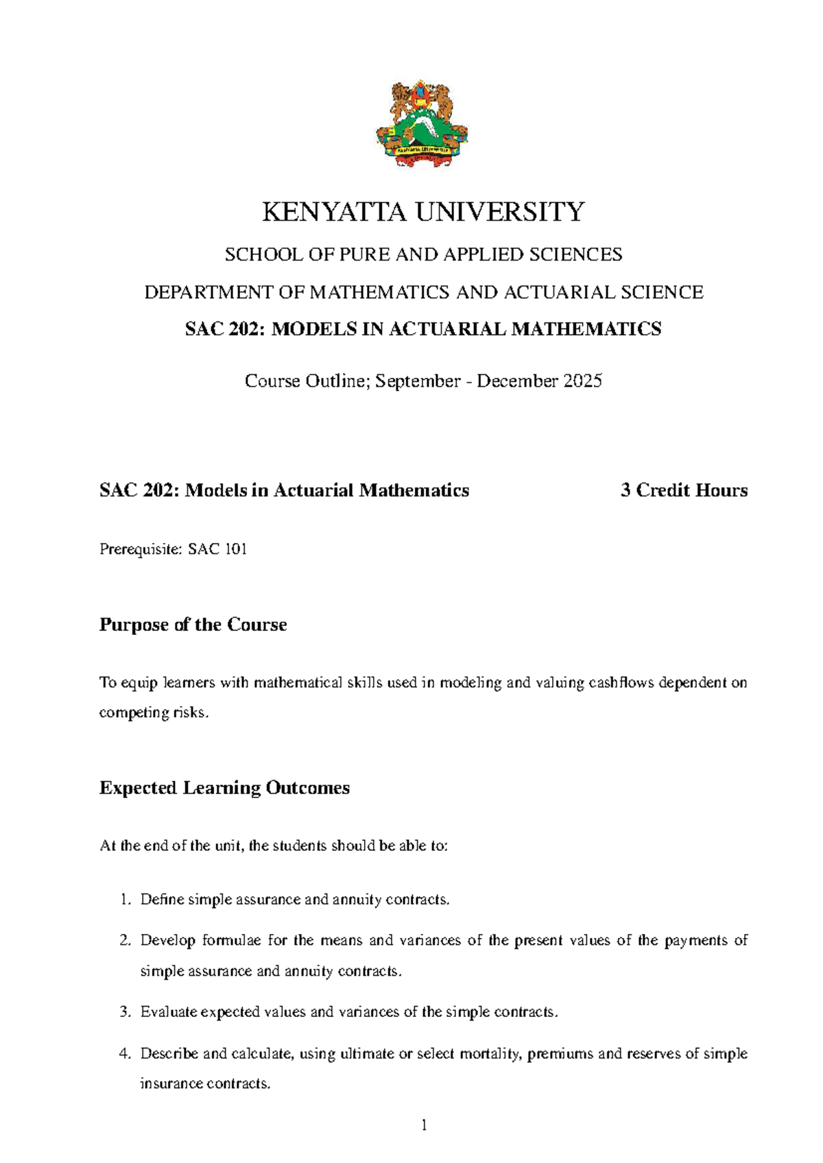 SAC 202: Course Outline for Models in Actuarial Mathematics - Studocu