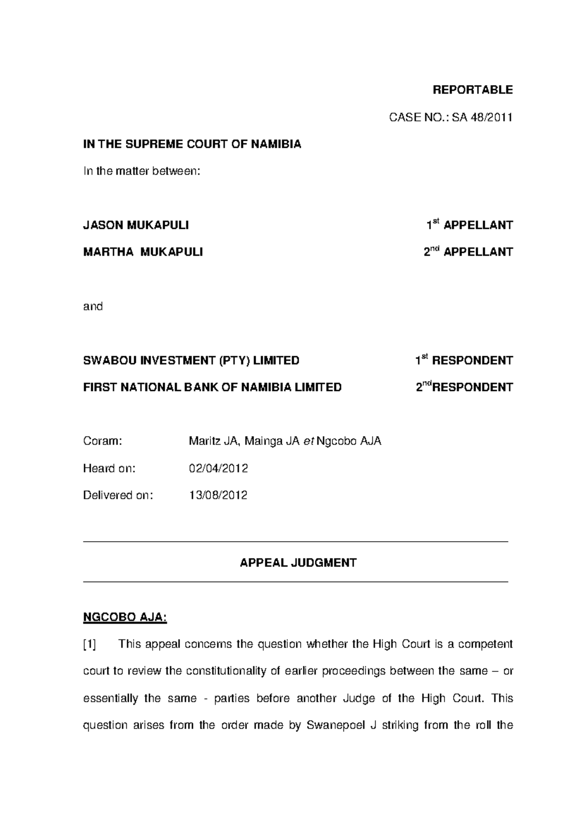Case Analysis of Mukapuli v Swabou Investment (Pty) Ltd (2013) - SA 48 ...