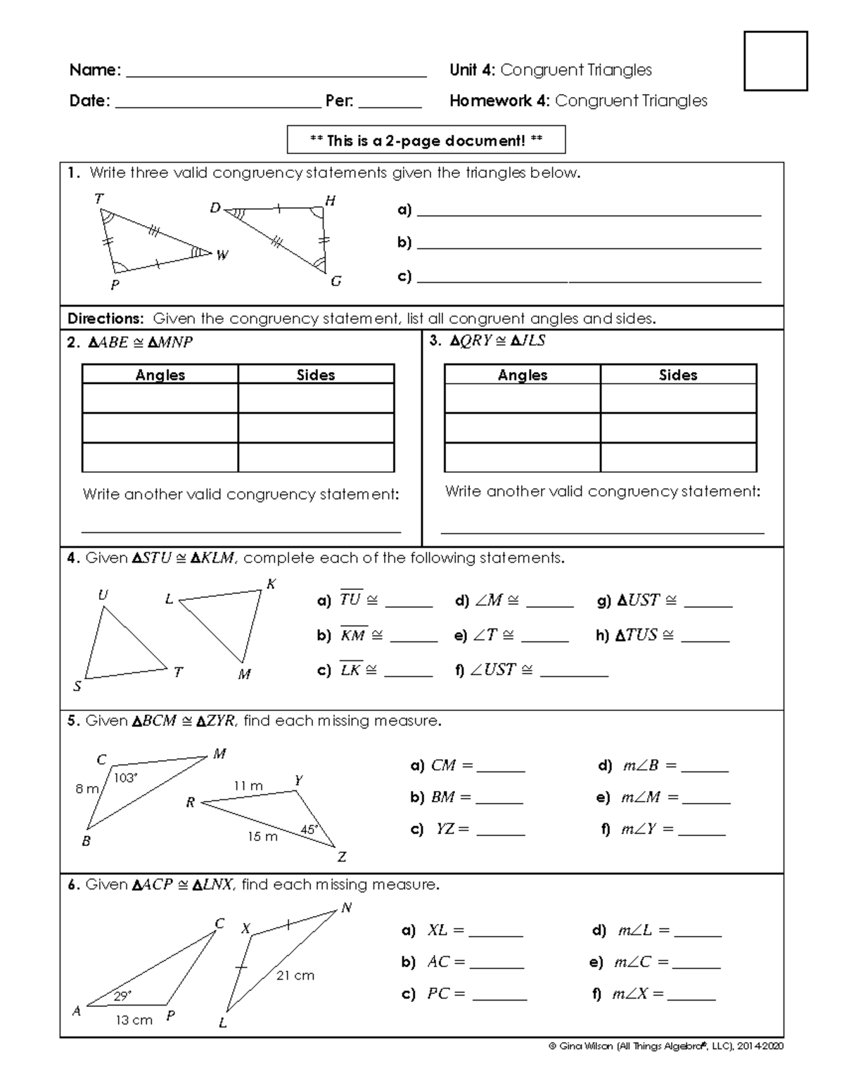 Unit 4 Homework 4 Review Sheet: Congruent Triangles Analysis - Studocu