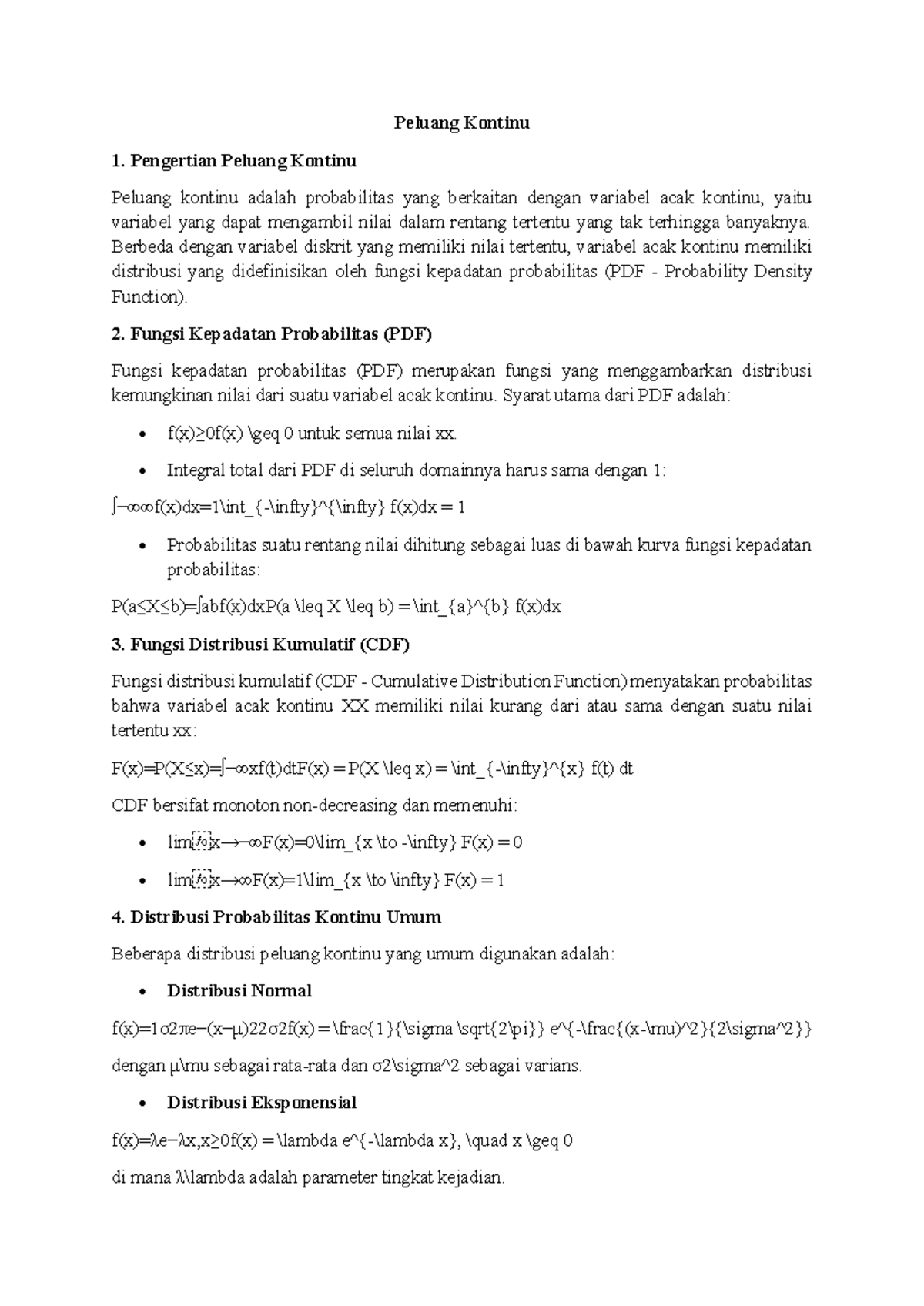 Peluang Kontinu: Konsep, PDF, CDF, dan Distribusi Umum - Studocu