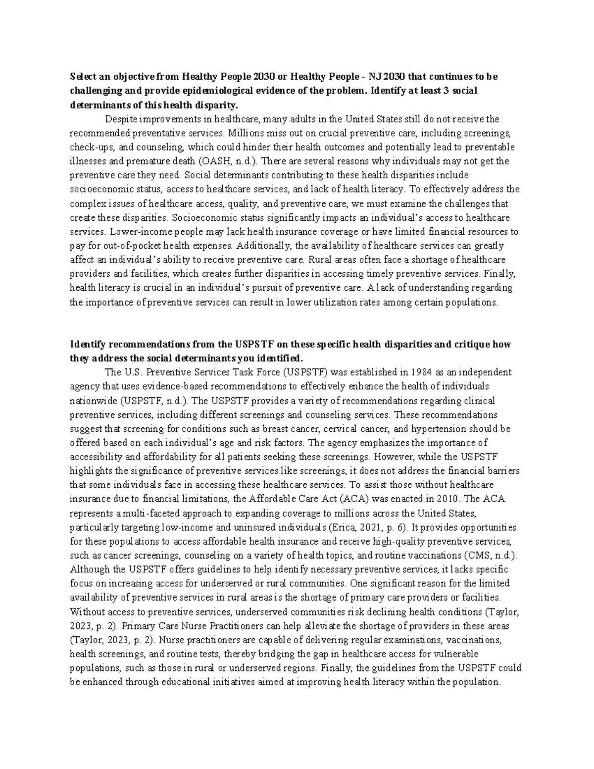 HP 2030: Addressing Health Disparities in Preventive Care Access - Studocu