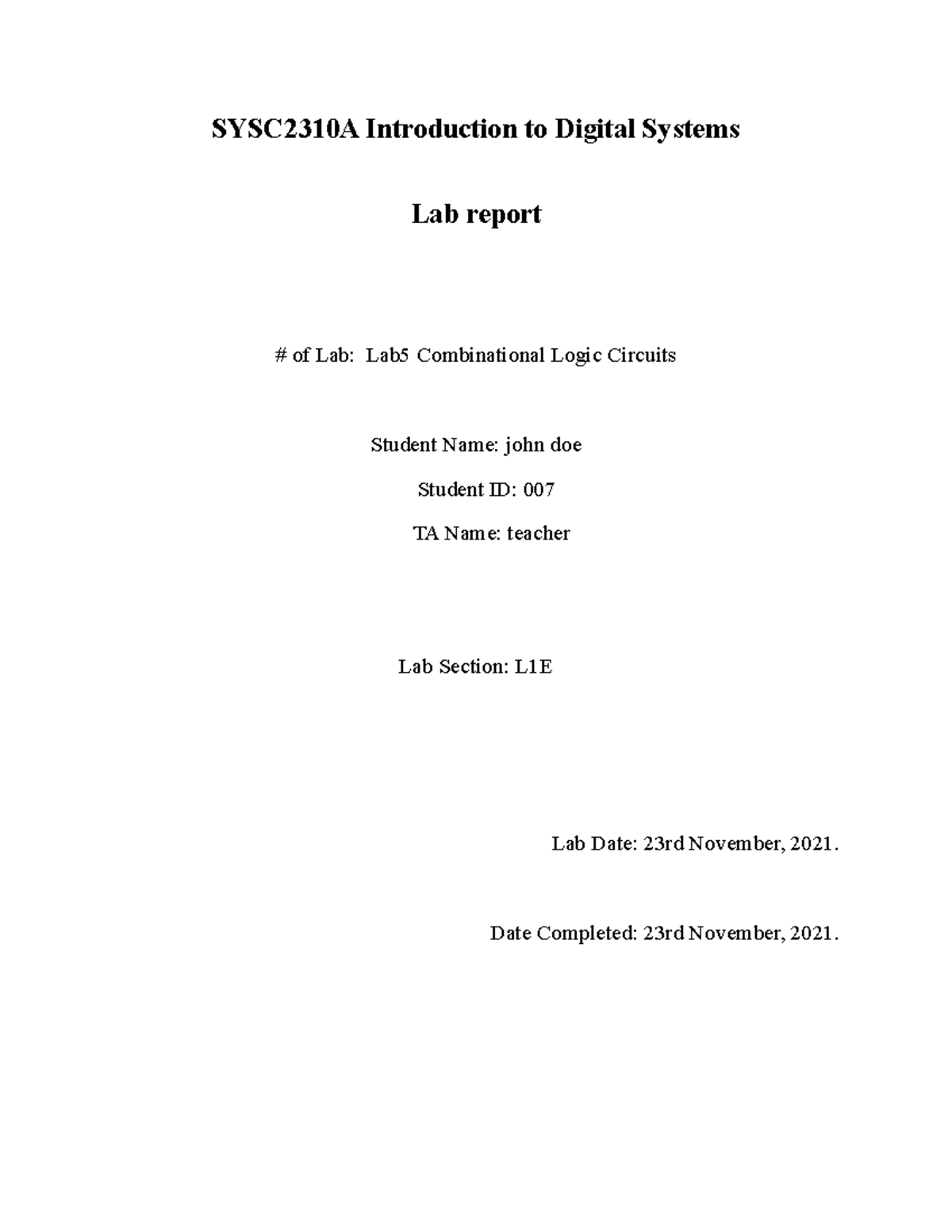 Lab5 Lab report - SYSC2310A Introduction to Digital Systems Lab report ...