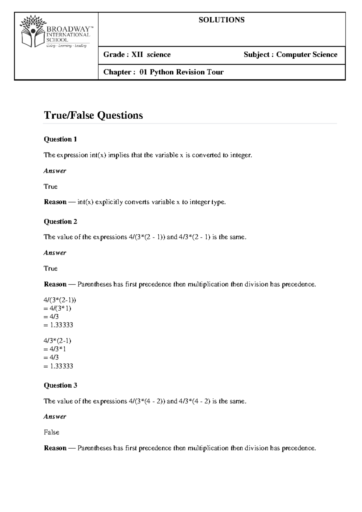 Ch-1 Solutions: Python Revision Tour - Grade XII CS - Studocu