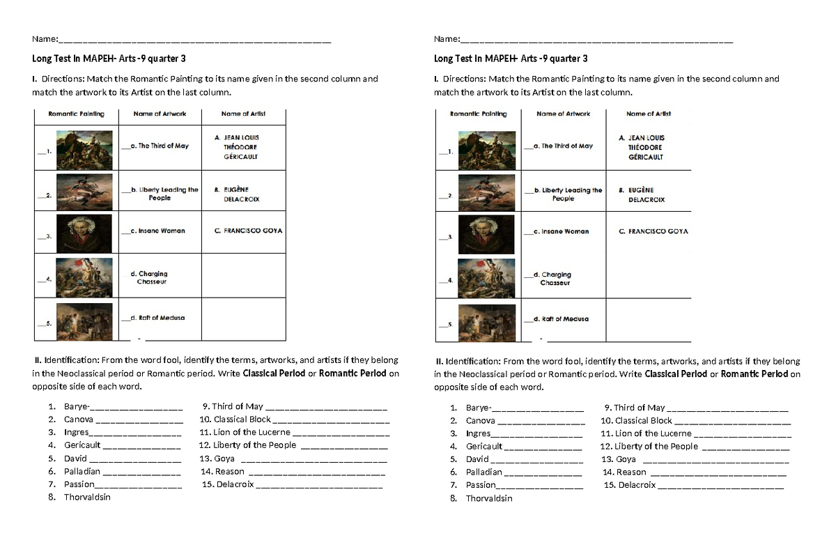 Long Test in MAPEH-Arts-9-Q3: Romantic vs Neoclassical Arts - Studocu