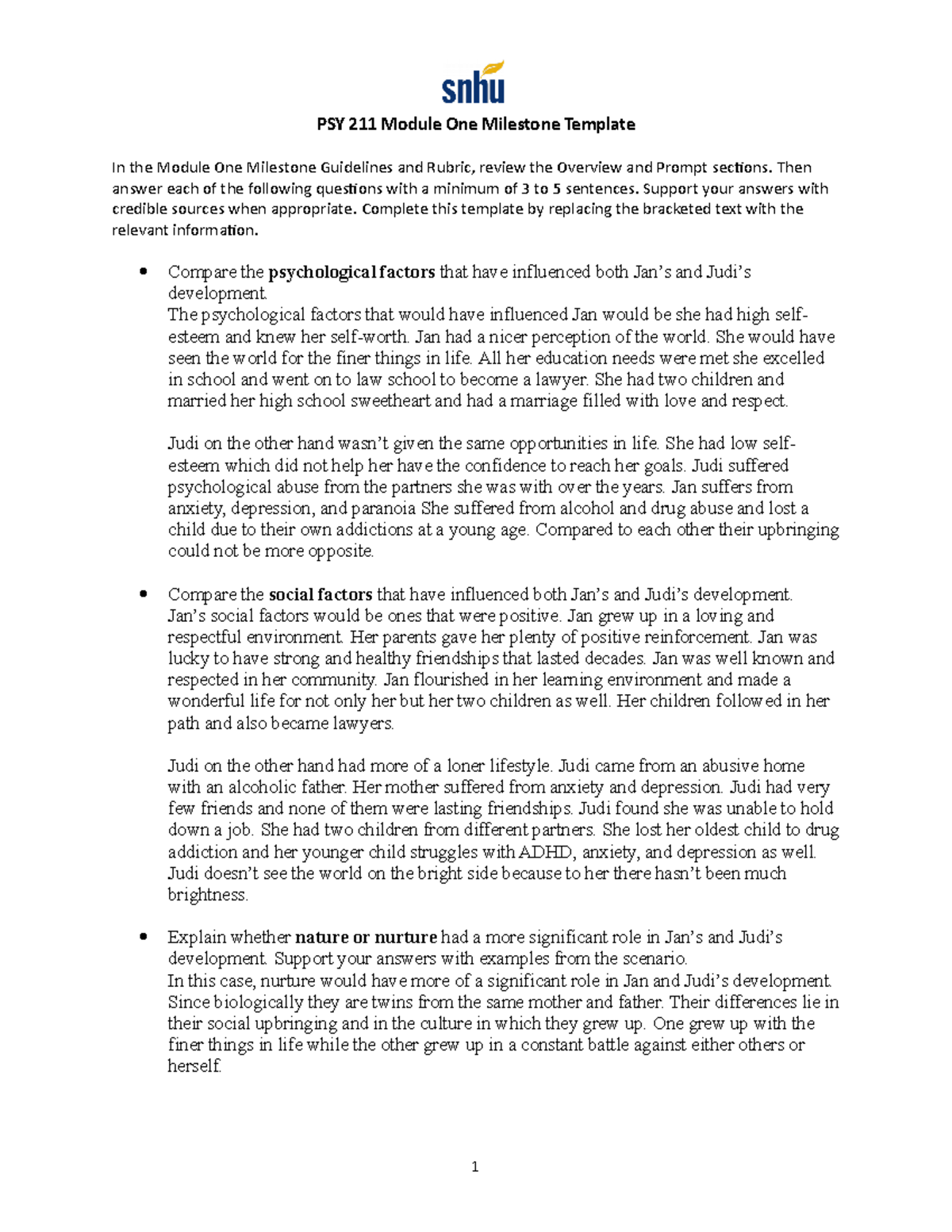 PSY 211 Module One Milestone - Then answer each of the following ...