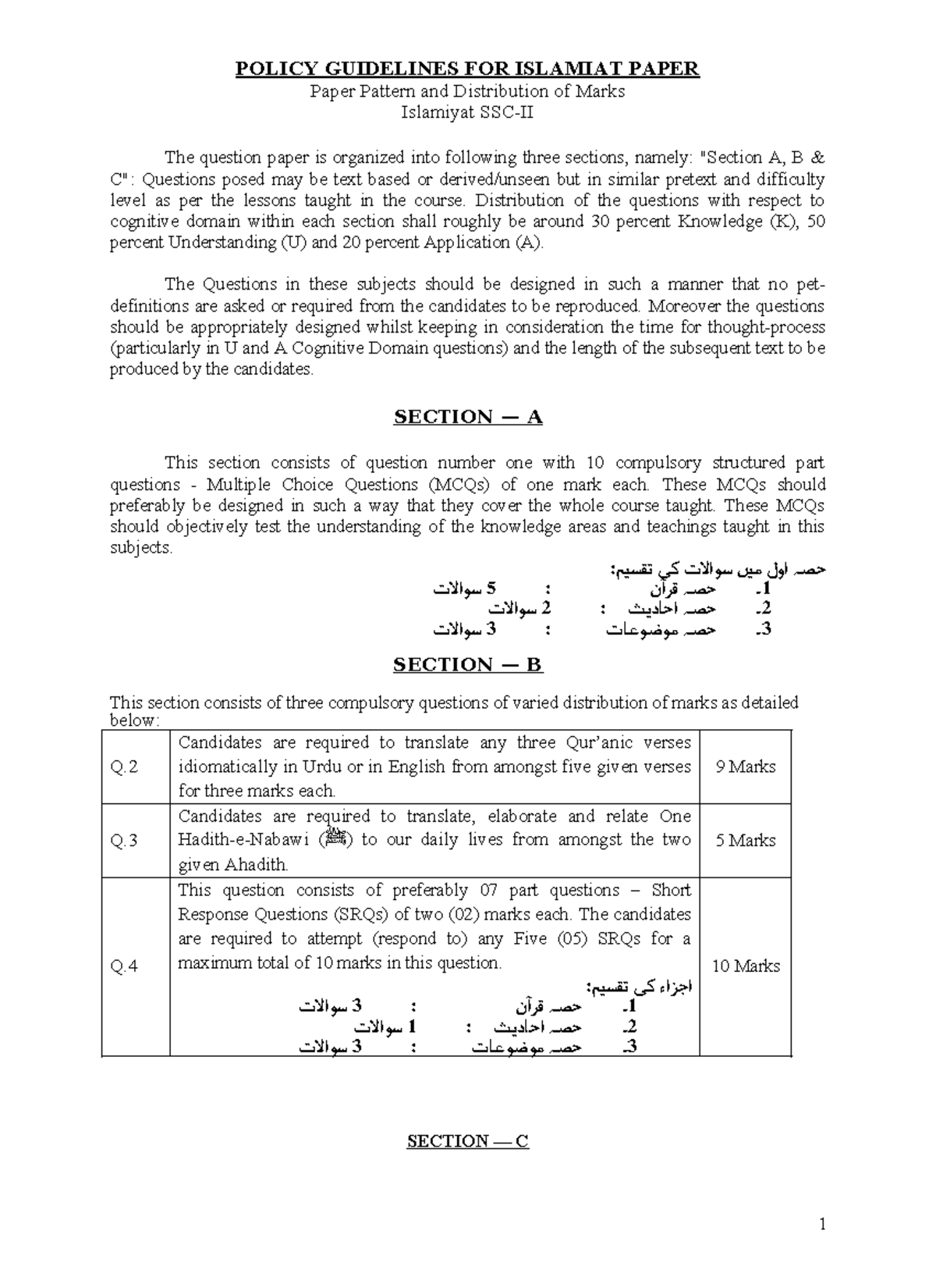 POLICY GUIDELINES FOR ISLAMIAT PAPER: Pattern & Marks Distribution ...