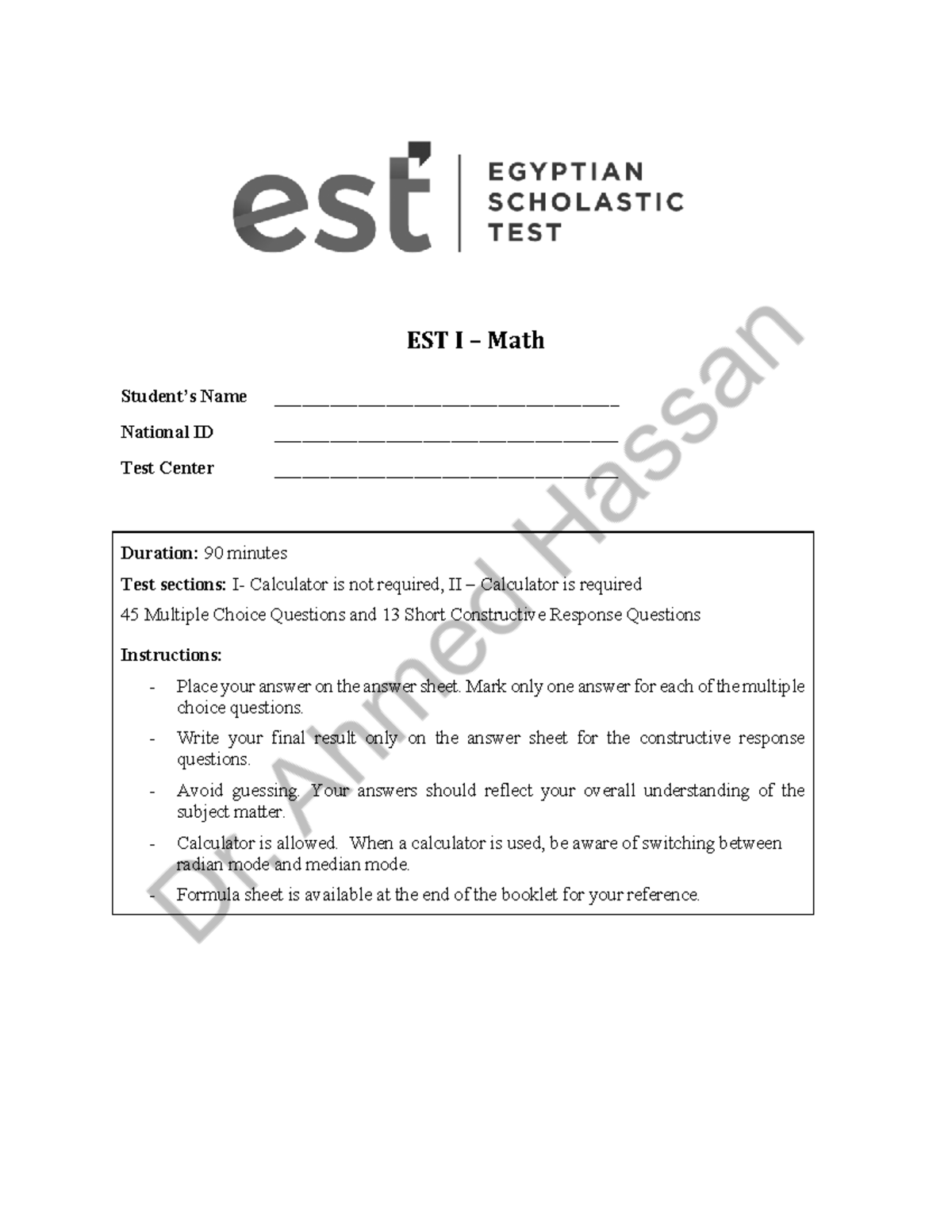 All EST 1 Explanation - lkkkllkll - EST I – Math Student’s Name - Studocu