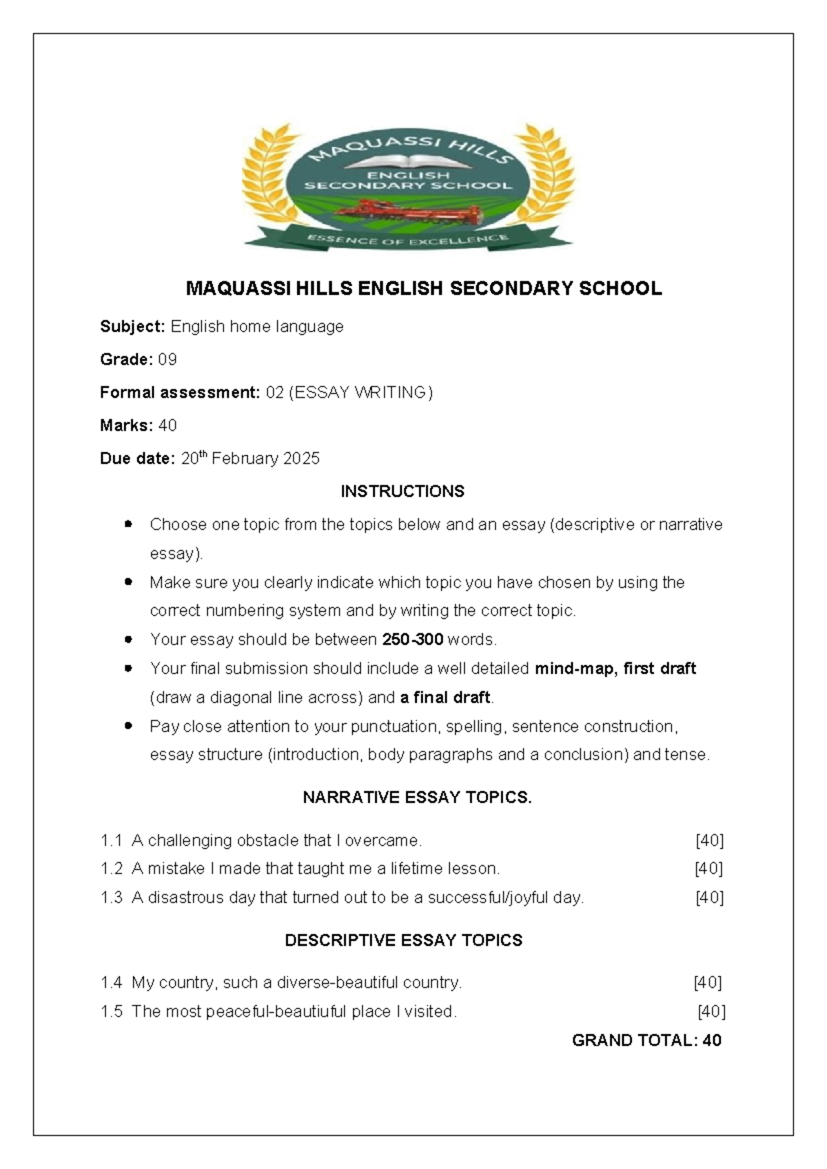 Grade 09 English Home Language - Formal Assessment 02 Essay Writing ...