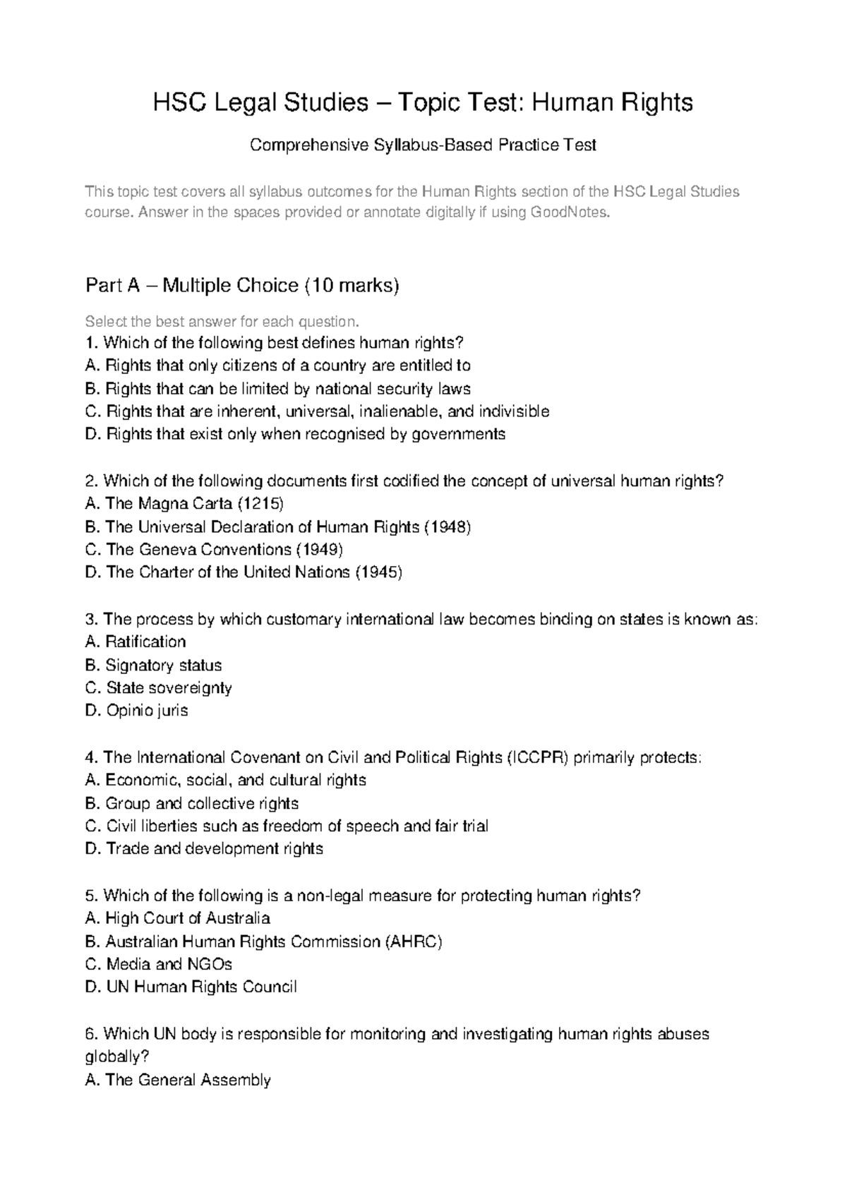 HSC Legal Studies Human Rights Topic Test: Comprehensive Practice ...