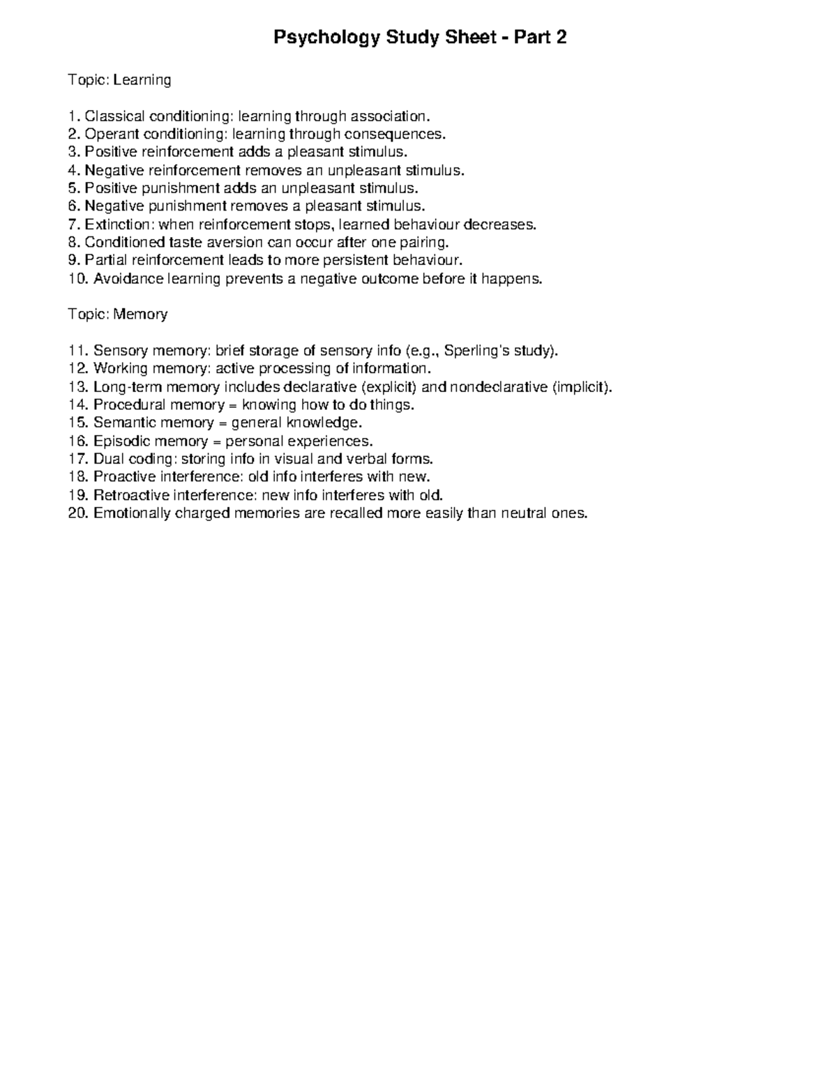 Psychology Study Sheet PSY101: Learning & Memory Concepts - Studocu