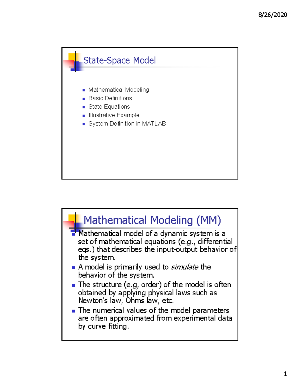 Mathematical Modeling of Dynamic Systems in MATLAB (MM) Lecture Notes ...