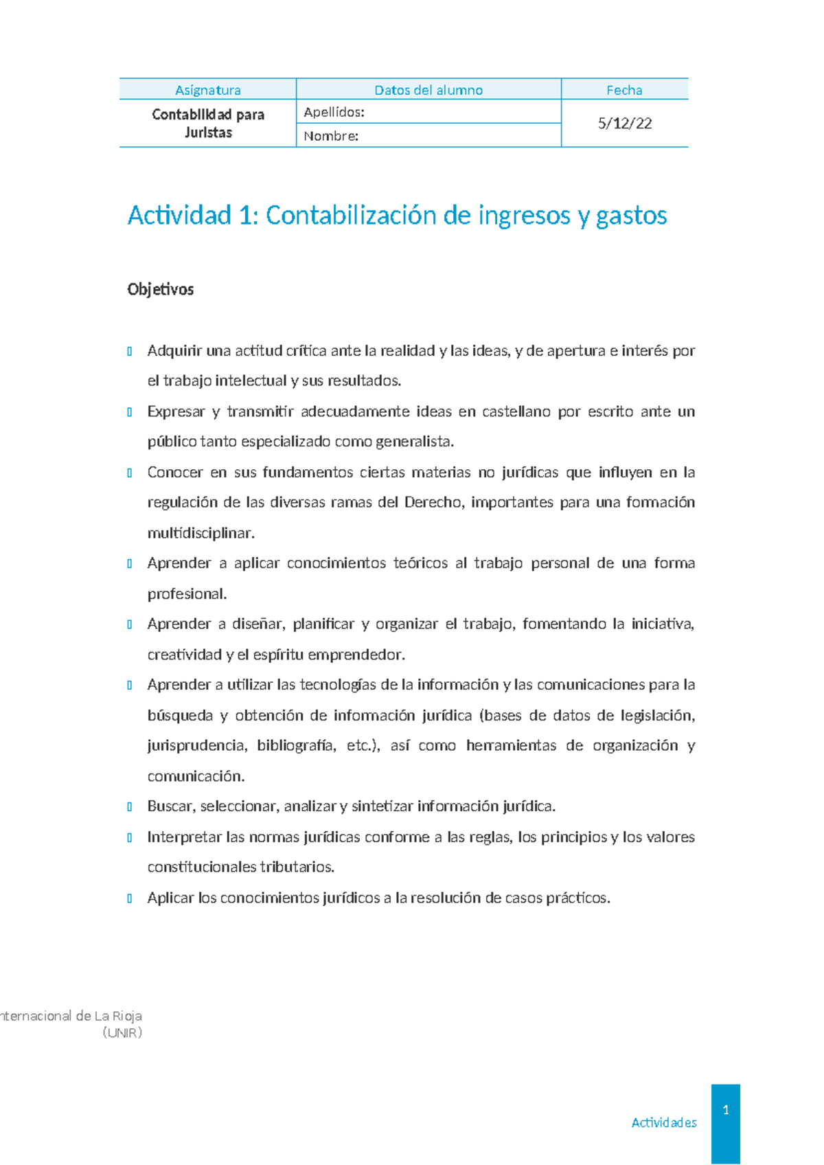 Actividad 1: Contabilidad de Ingresos y Gastos - Corregida 2022 (Nota ...