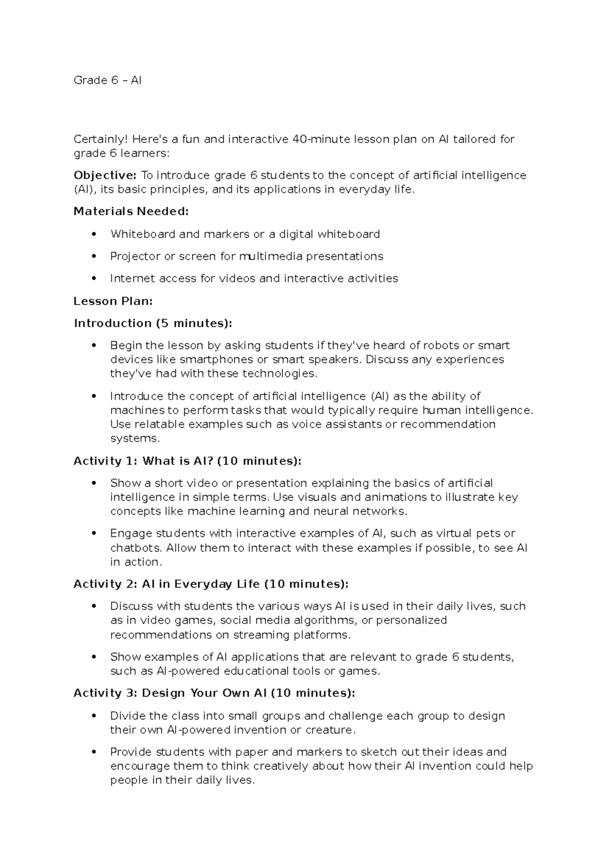 Grade 6 - AI Lesson Plan: Interactive Activities & Concepts - Studocu
