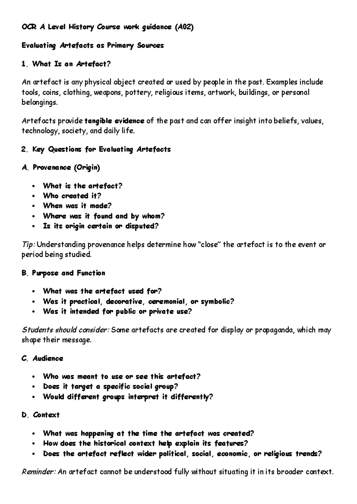 A Level History Coursework Guidance (A02): Evaluating Artefacts - Studocu