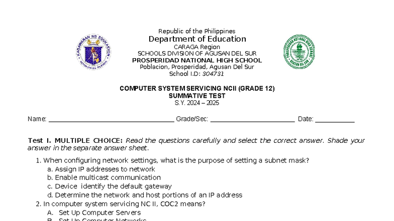 CSS 12 2ND QUARTER EXAMINATION - COMPUTER SYSTEM SERVICING NCII - Studocu