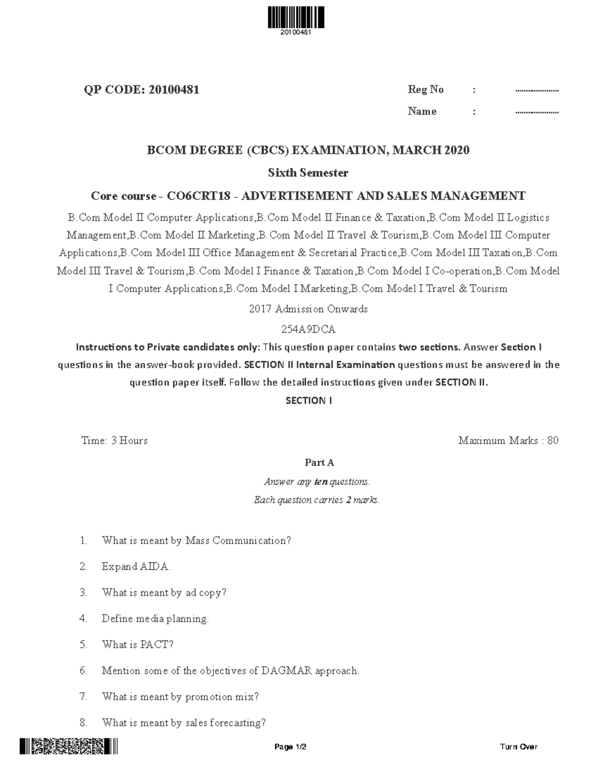 Advertisement AND Sales Management 2020-1 - QP CODE: 20100481 Reg No