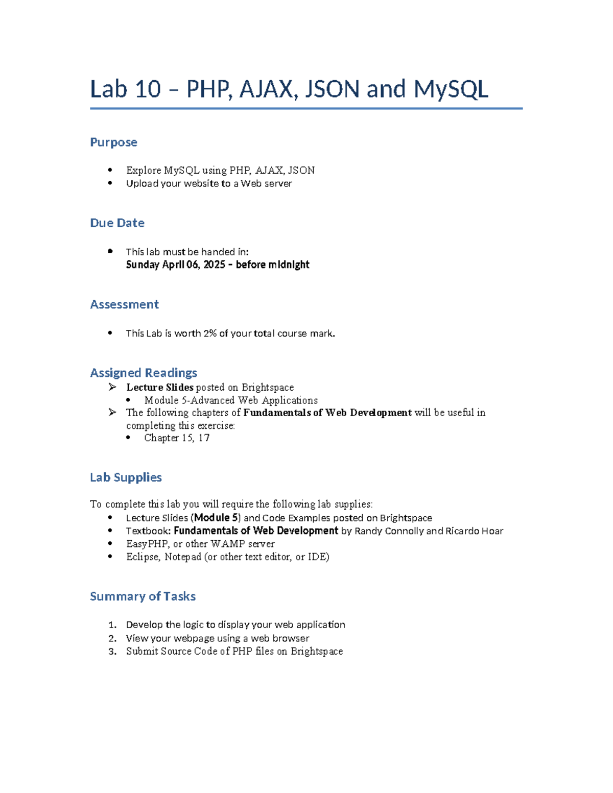 Lab 10 - PHP, AJAX, My SQL - Lab 10 – PHP, AJAX, JSON and MySQL Purpose Explore MySQL using PHP ...