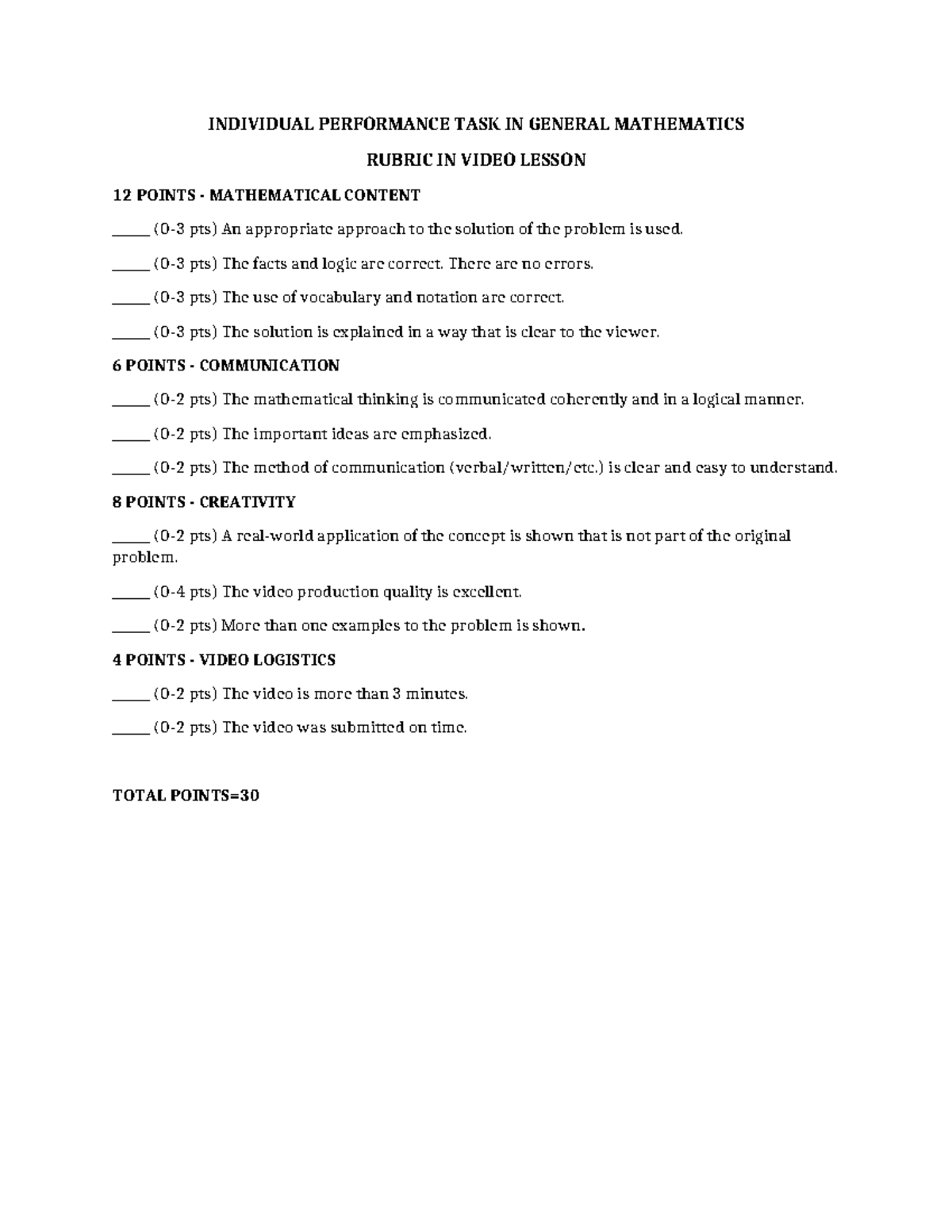General Math (GMATH) Individual Performance Task Rubric - Studocu