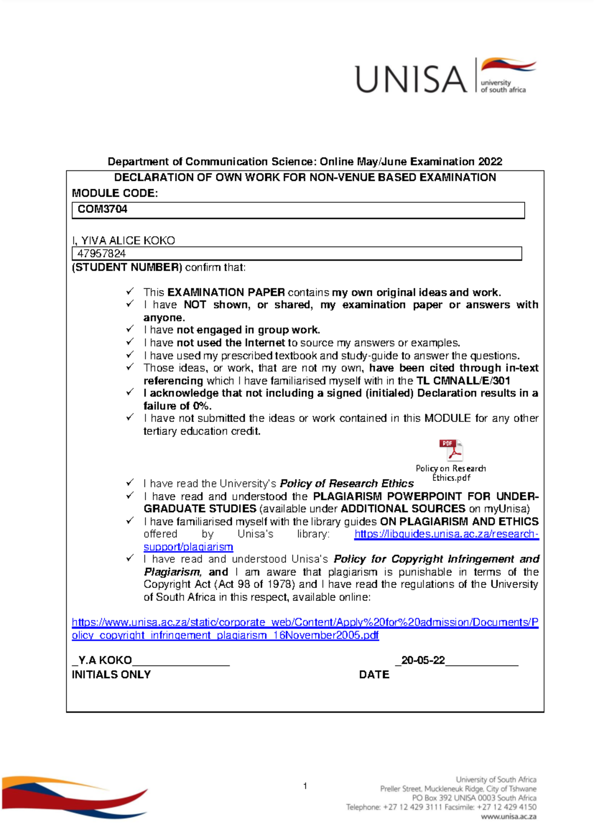 COM3704 Online Examination Declaration and New Media Insights - Studocu