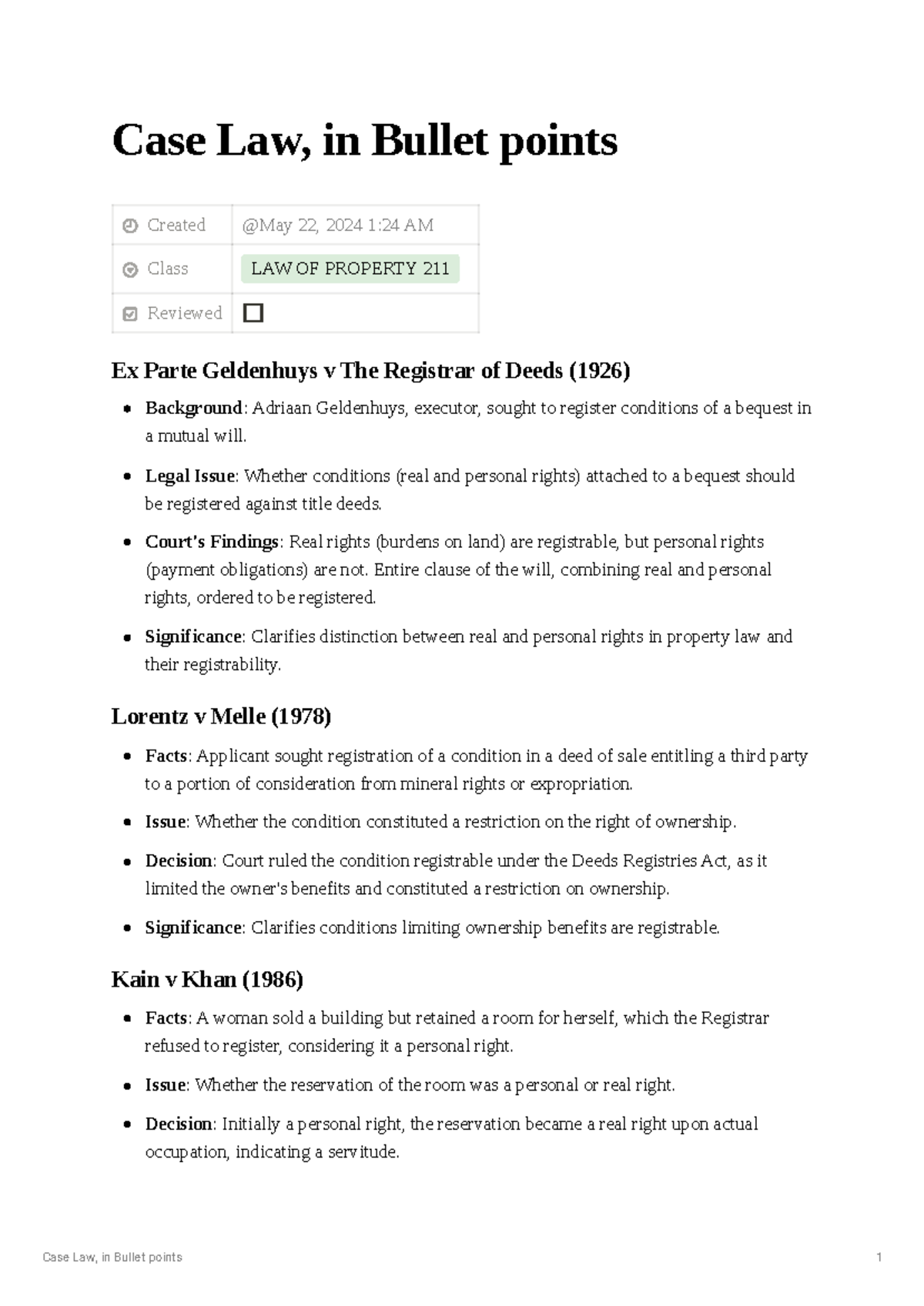 THI211: Property Law Case Law Bullet Points Summary and Analysis - Studocu