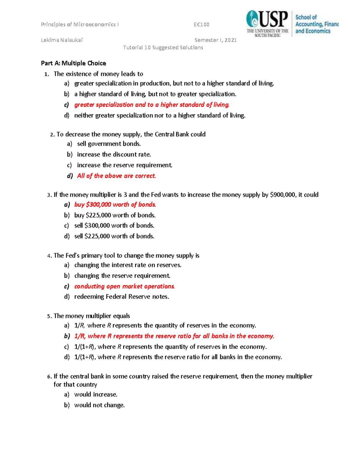 EC100 Principles of Microeconomics I Tutorial 10 Suggested Solutions ...