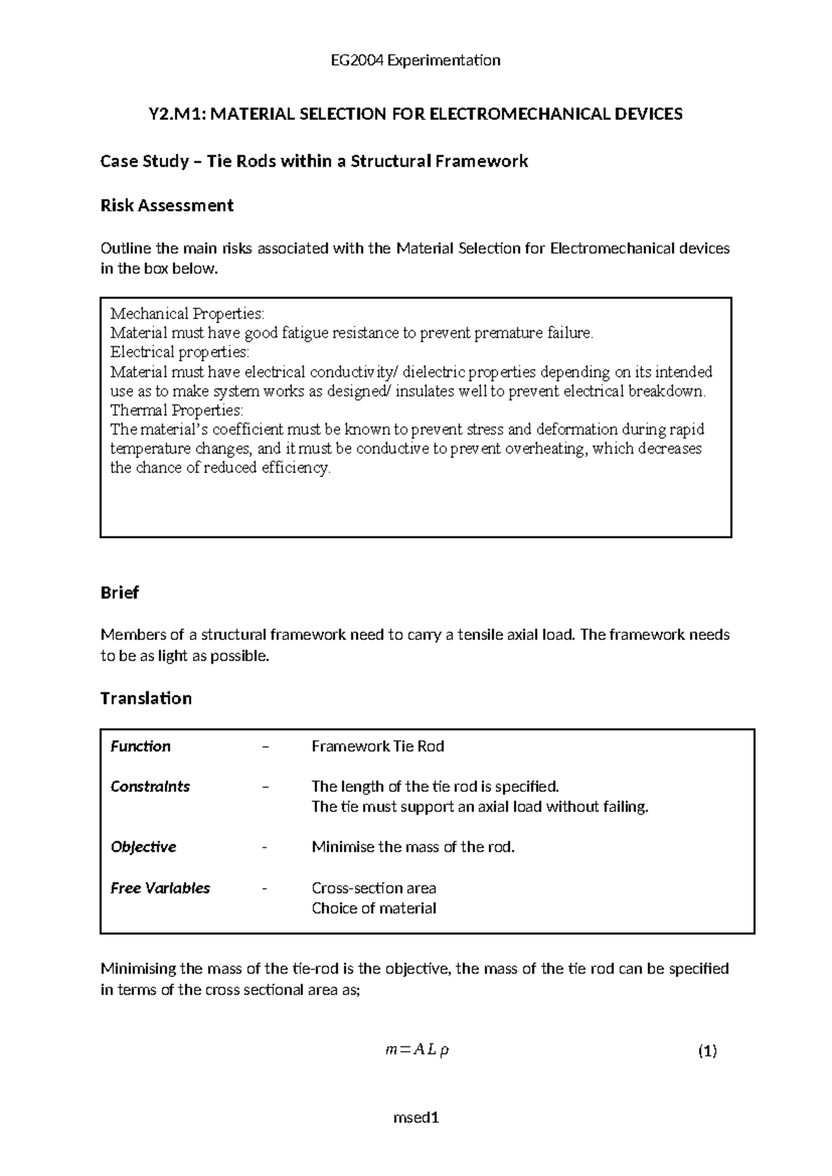 2H1 Material Selection - Y2: MATERIAL SELECTION FOR ELECTROMECHANICAL DEVICES Case Study – Tie ...