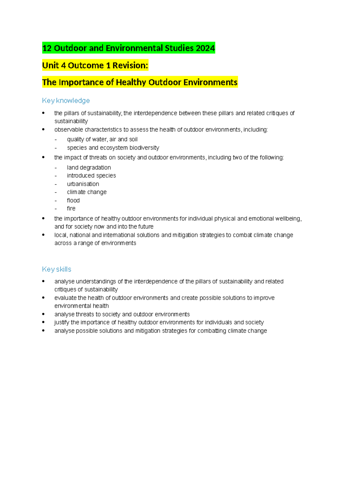 Unit 4 Outcome 1 Revision Booklet 2024 - 12 Outdoor and Environmental ...