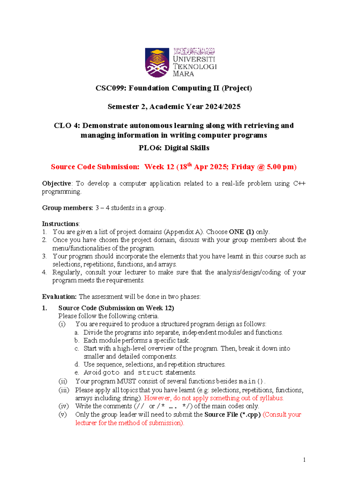 CSC099: Foundation Computing II - Project Guidelines & Objectives - Studocu