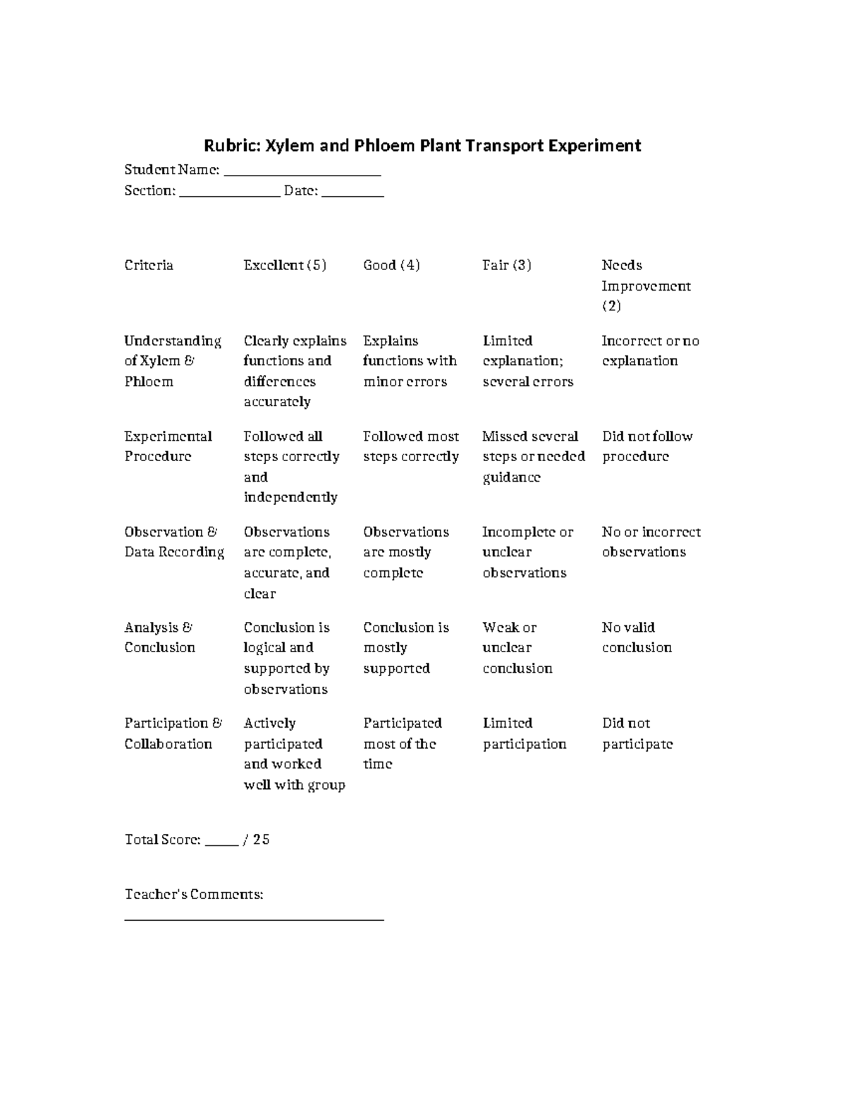 Xylem and Phloem Transport Experiment Rubric (Biology 101) - Studocu