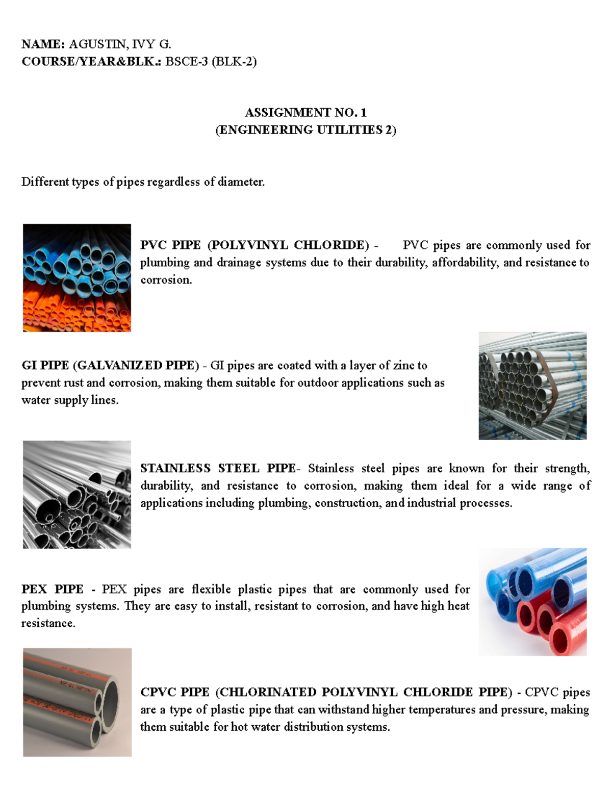 BSCE-3 (BLK-2) - Assignment 1: Types of Pipes in Engineering Utilities ...