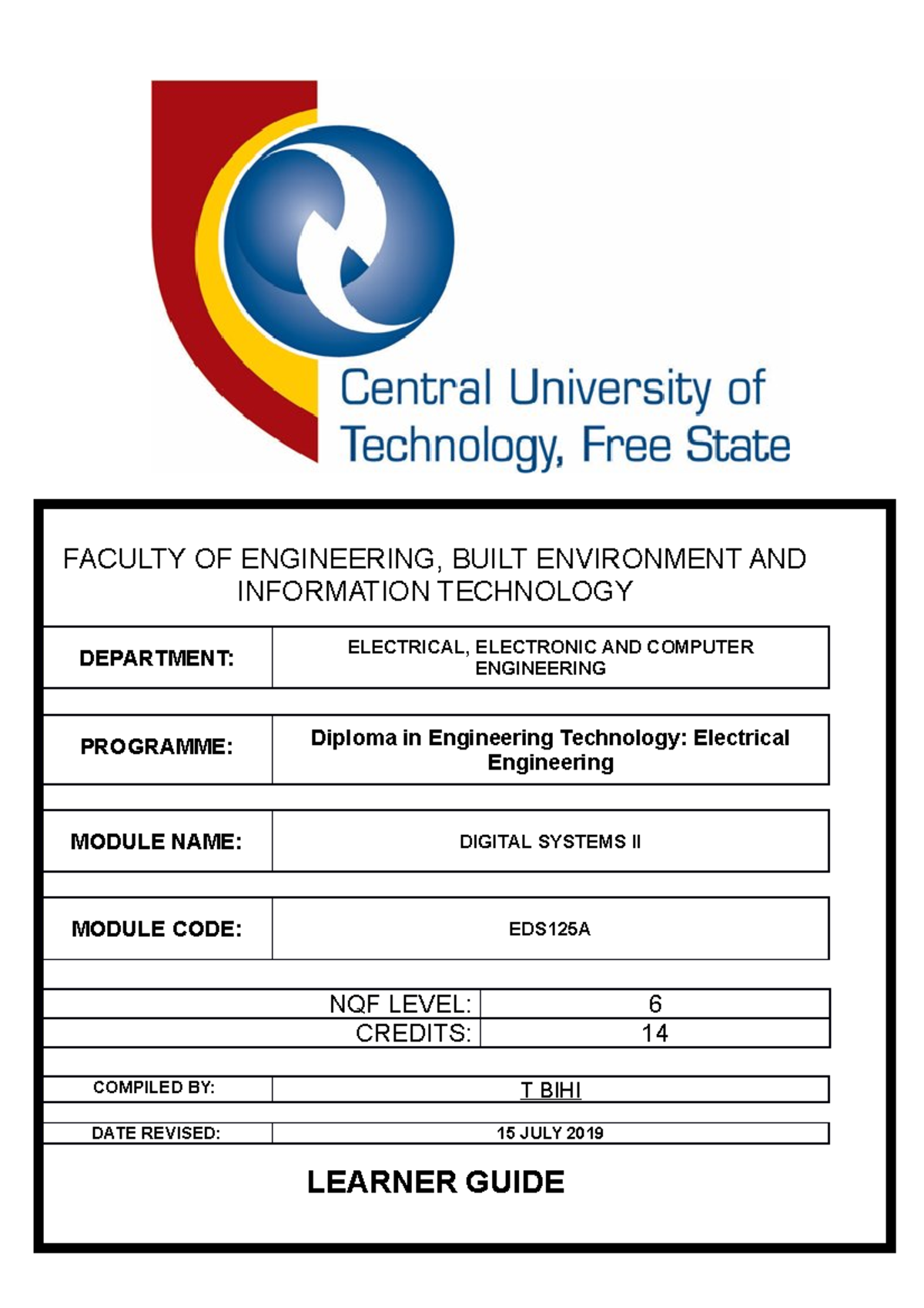 Digital Systems II EDS125A Learner Guide (Semester 2, 2019) - Studocu