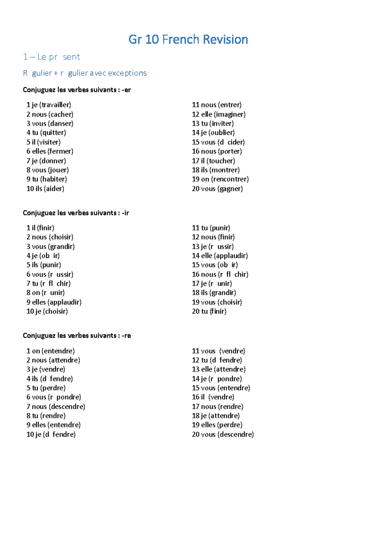 Gr 10 French Revision: Conjugation Exercises & Grammar Review - Studocu