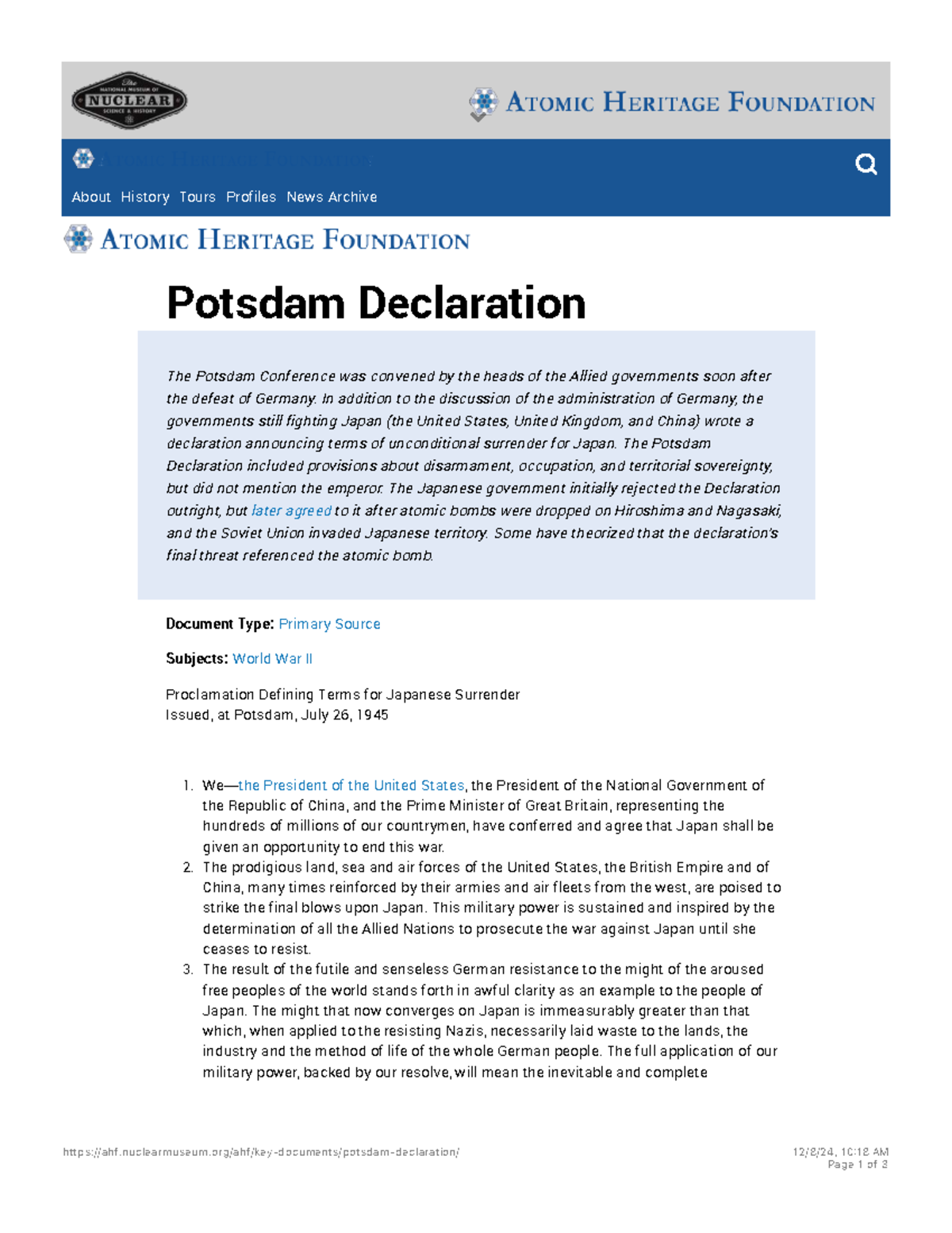 Potsdam Declaration: Terms for Japan's Surrender (WWII Primary Source ...