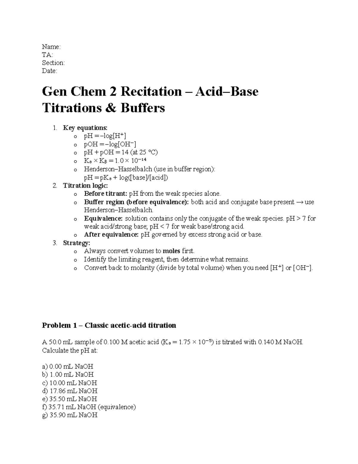 Gen Chem 2 Recitation: Titrations & Buffers Worksheet 4 - Studocu