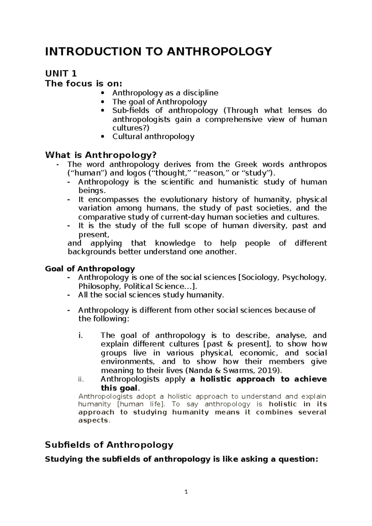 HANT011 Introduction to Anthropology Unit 1: Overview and Subfields ...