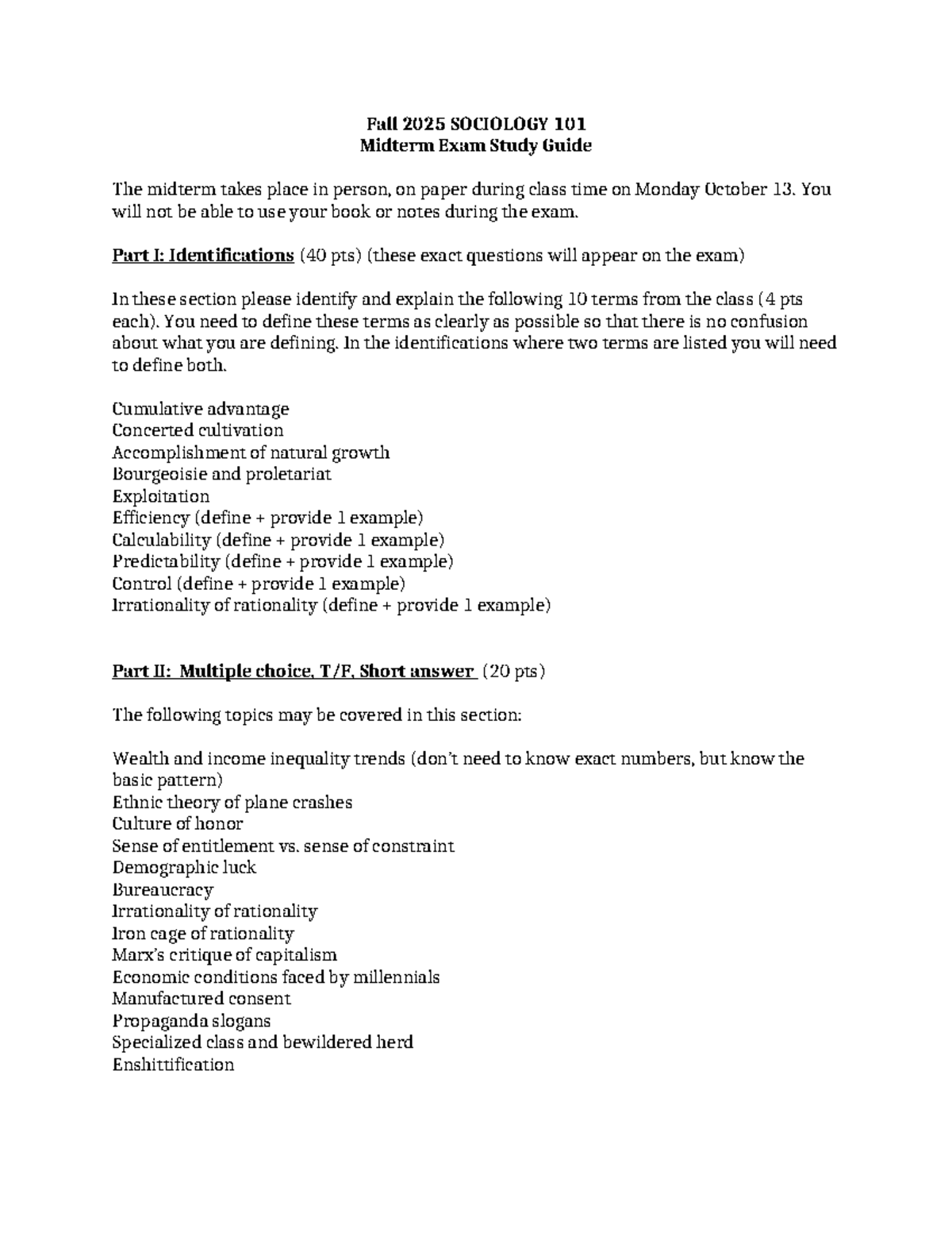 Fall 2025 SOCIOLOGY 101 Midterm Exam Study Guide - Studocu