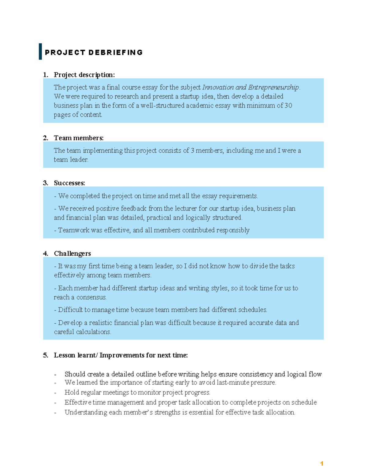 Final Course Essay Debriefing: Innovation & Entrepreneurship Project ...