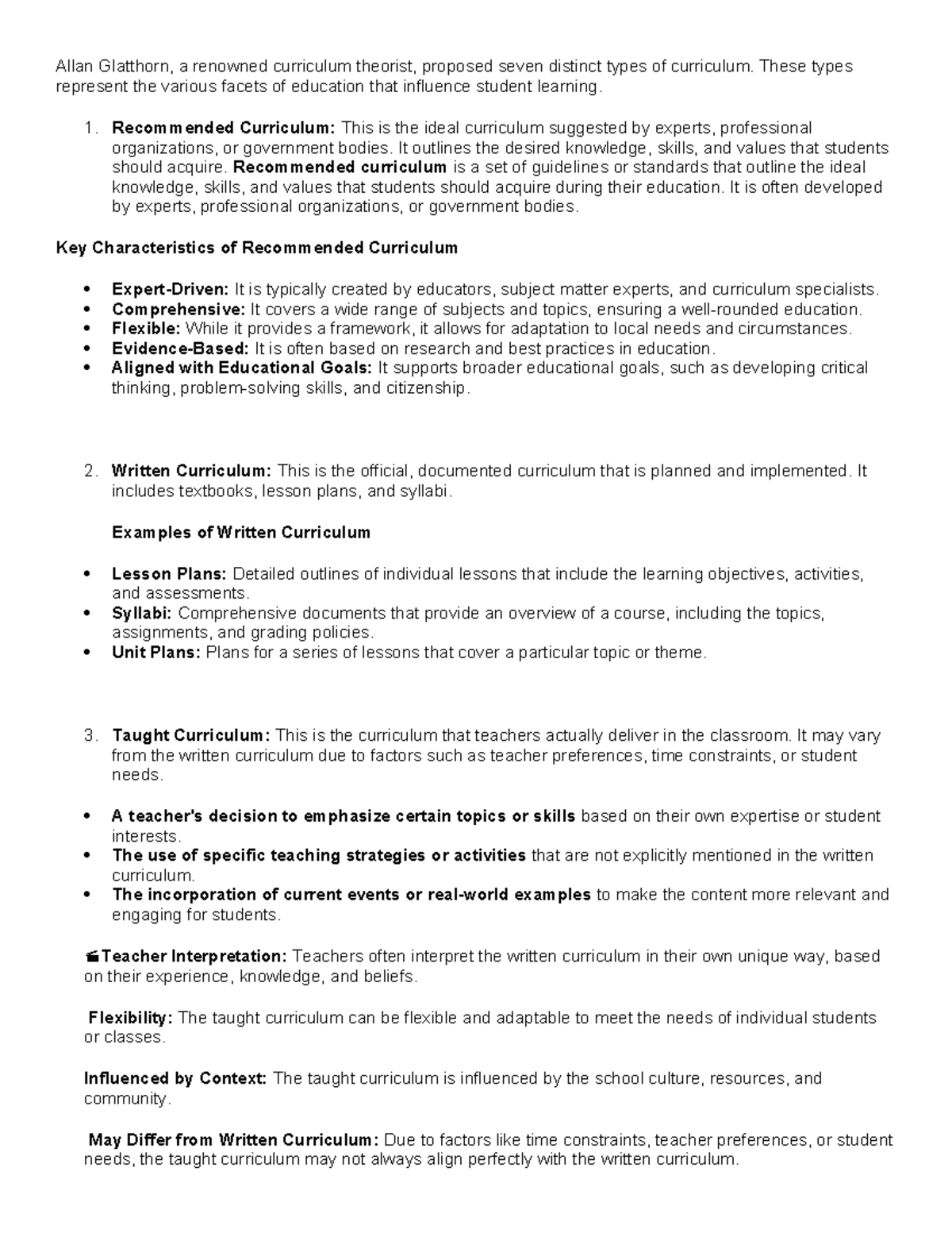 Curriculum Types by Allan Glatthorn: An Overview of Seven Models - Studocu
