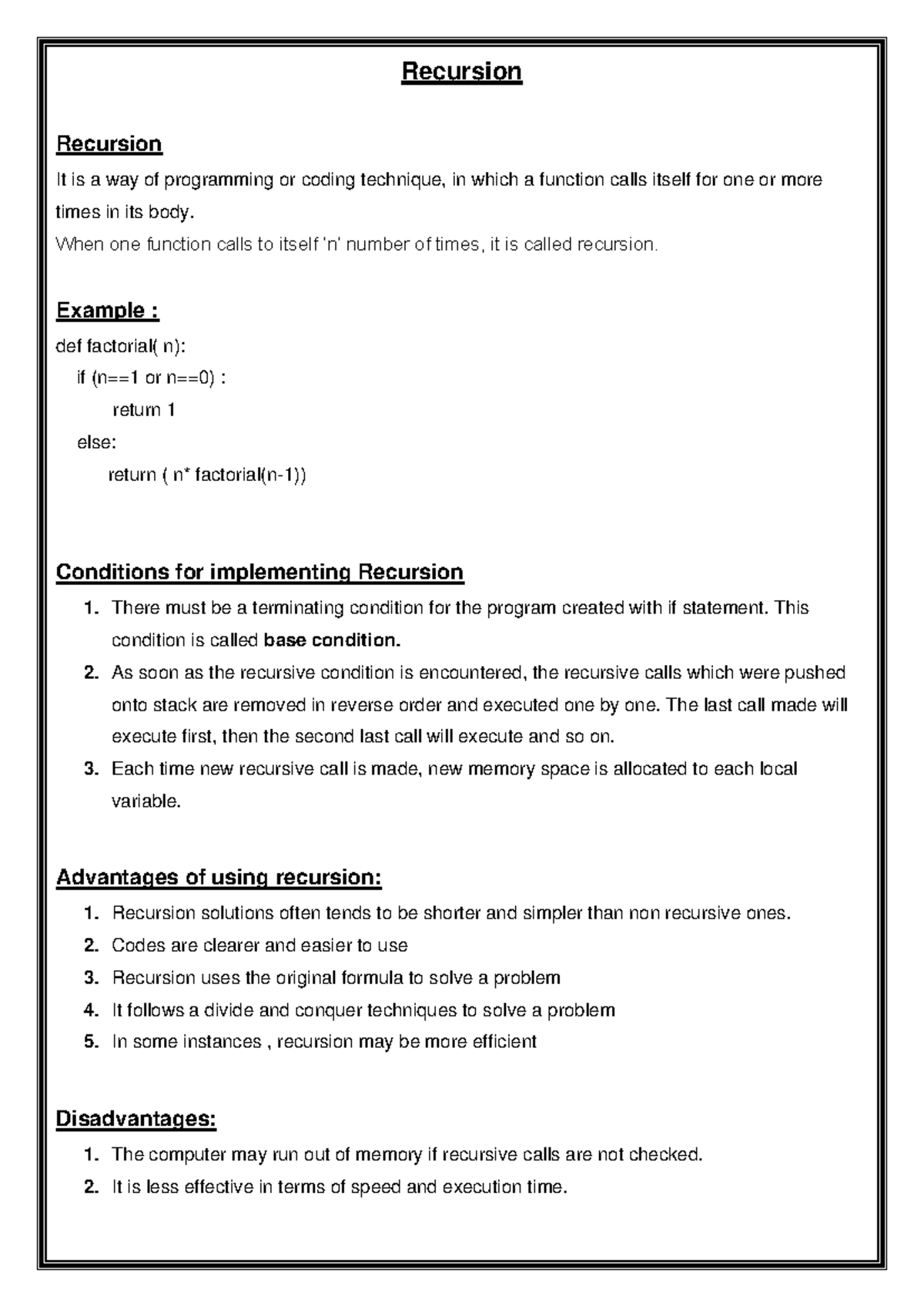 Notes- Recursion - Recursion Recursion It is a way of programming or ...