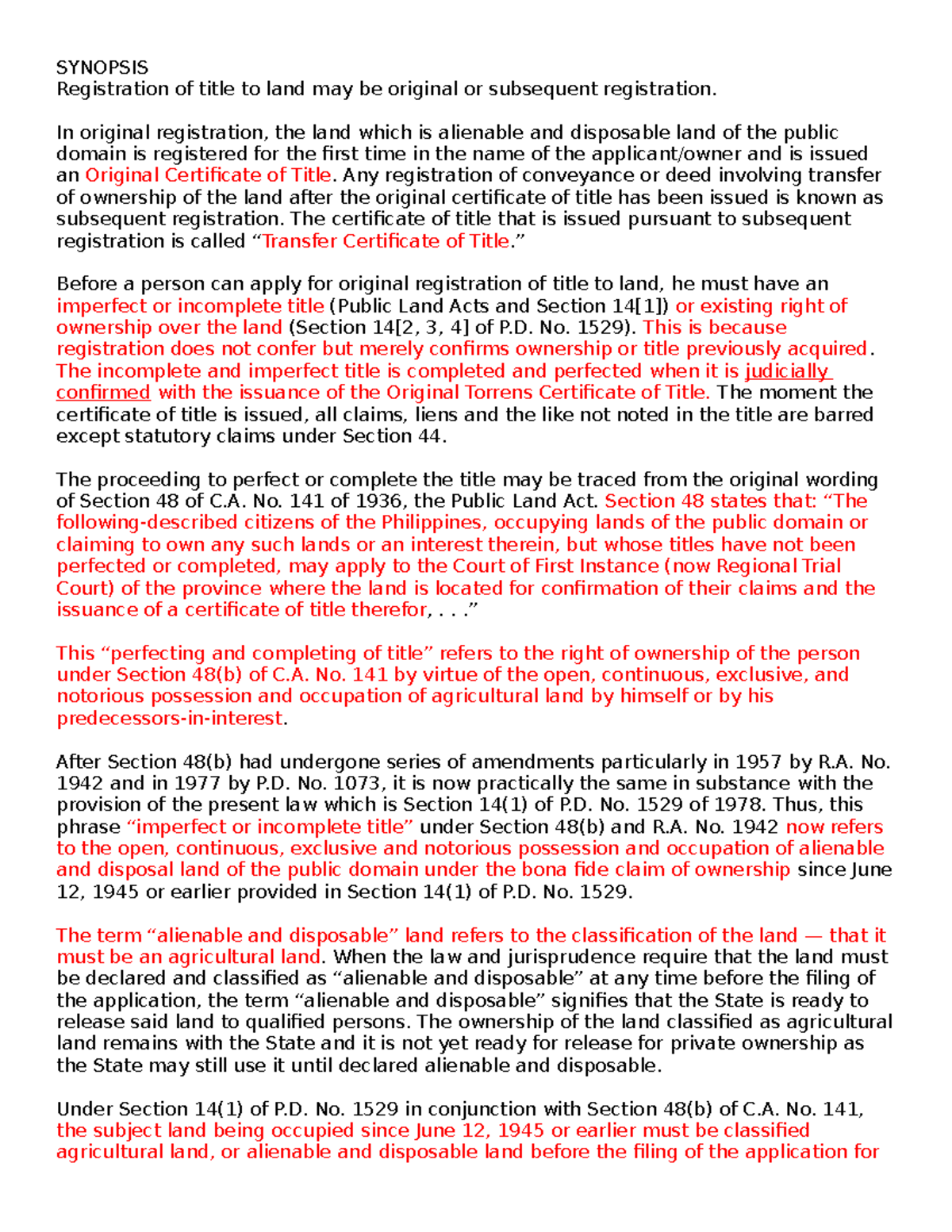 Synopsis - Land Titles and Deeds - SYNOPSIS Registration of title to ...