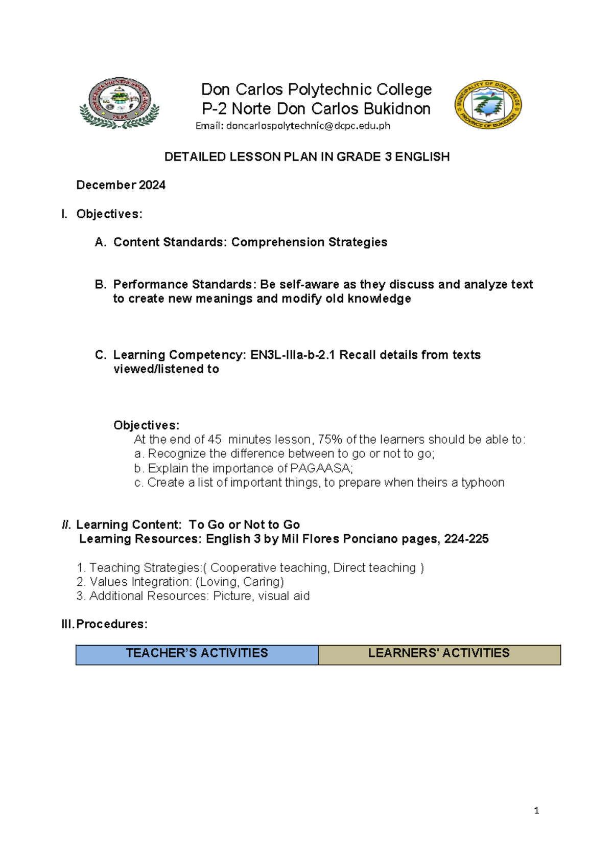 English-2 - English 2 syllables - DETAILED LESSON PLAN IN GRADE 3 ...
